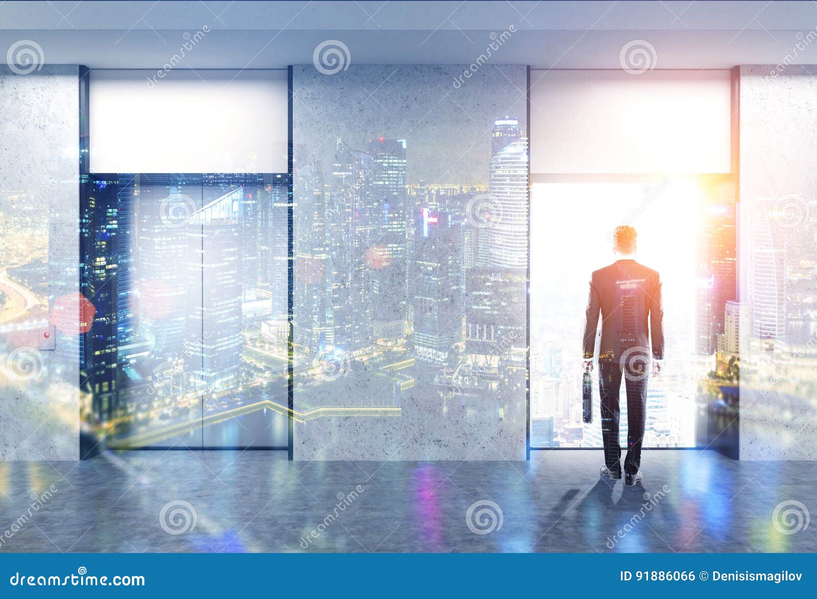 Man, Elevator Hall, Night City, Double Stock Illustration ...