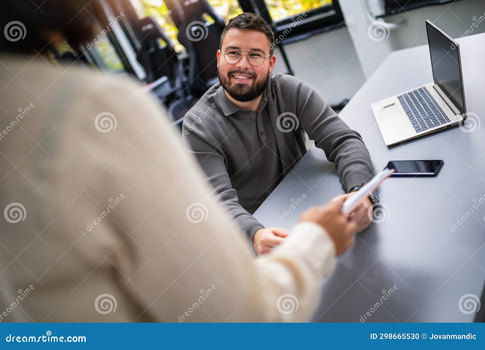 Man Employee in the Office Take Document from His Female Colleague ...