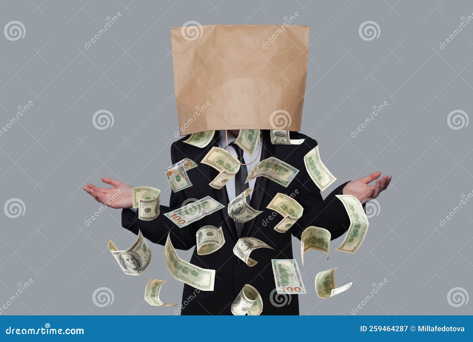 Man with Empty Bag on Head with Money Rain on Grey Background Stock ...