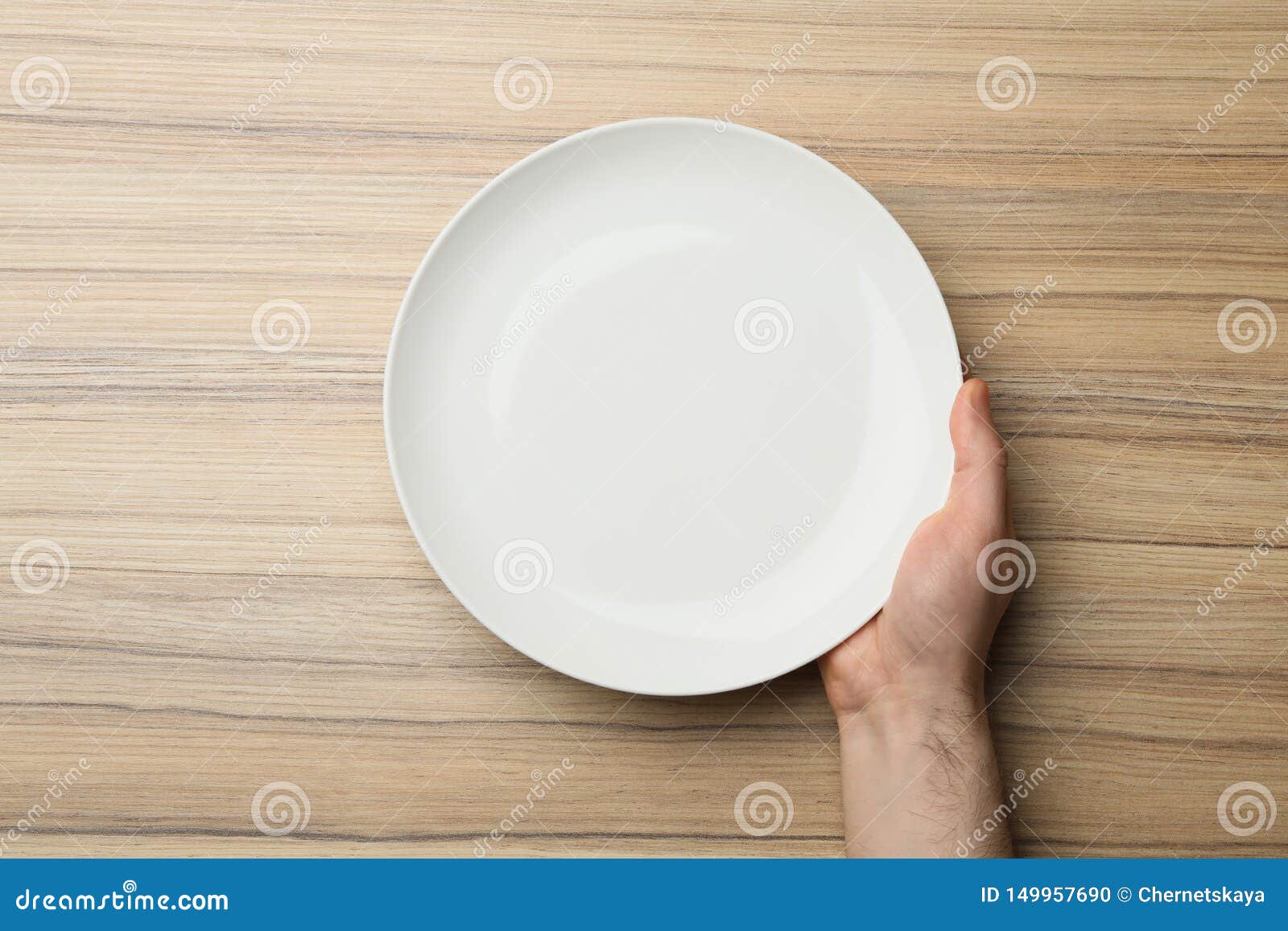 Man with Empty Plate at Wooden Table Stock Photo - Image of ceramic ...