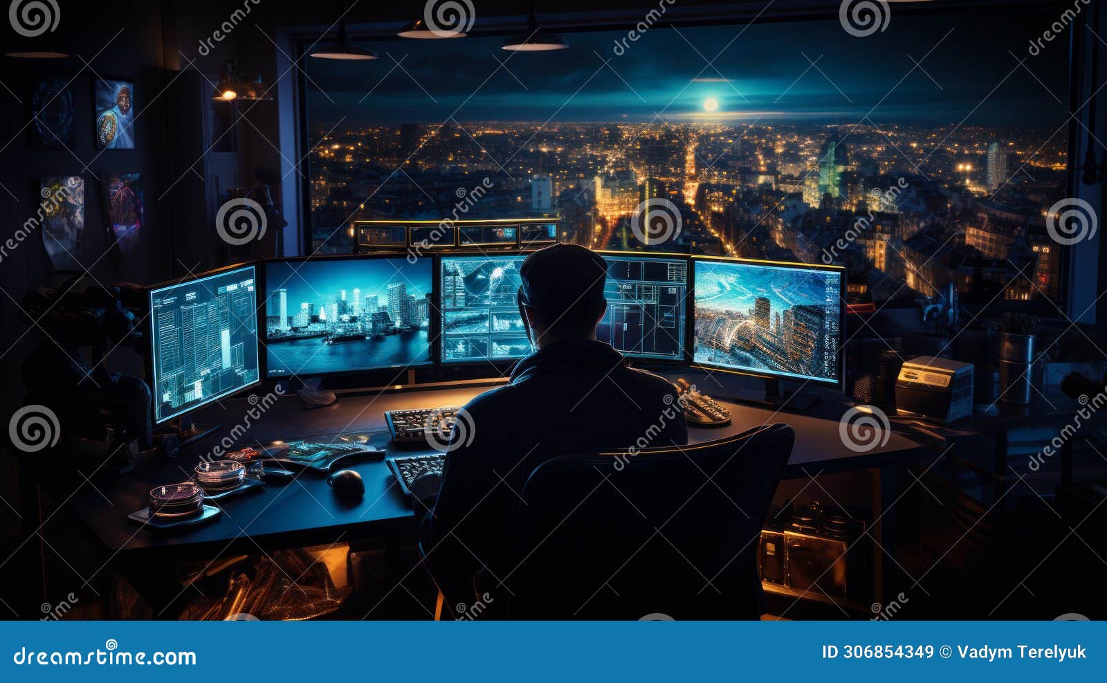 A Man Engaged in Work at a Modern Desk with Multiple Computer Screens ...