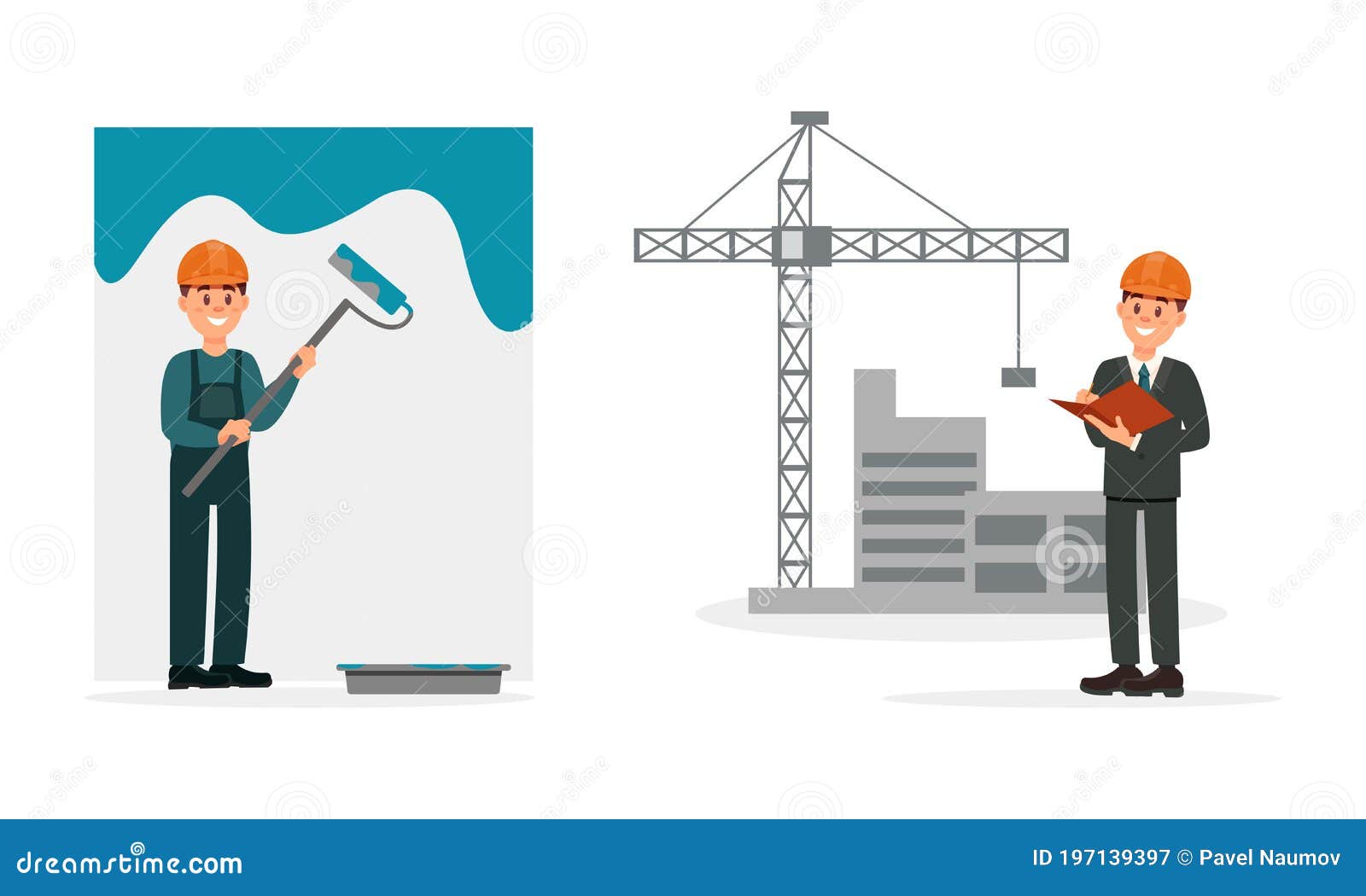 Man Engineer Checking Details on Construction Site and Builder Painting ...