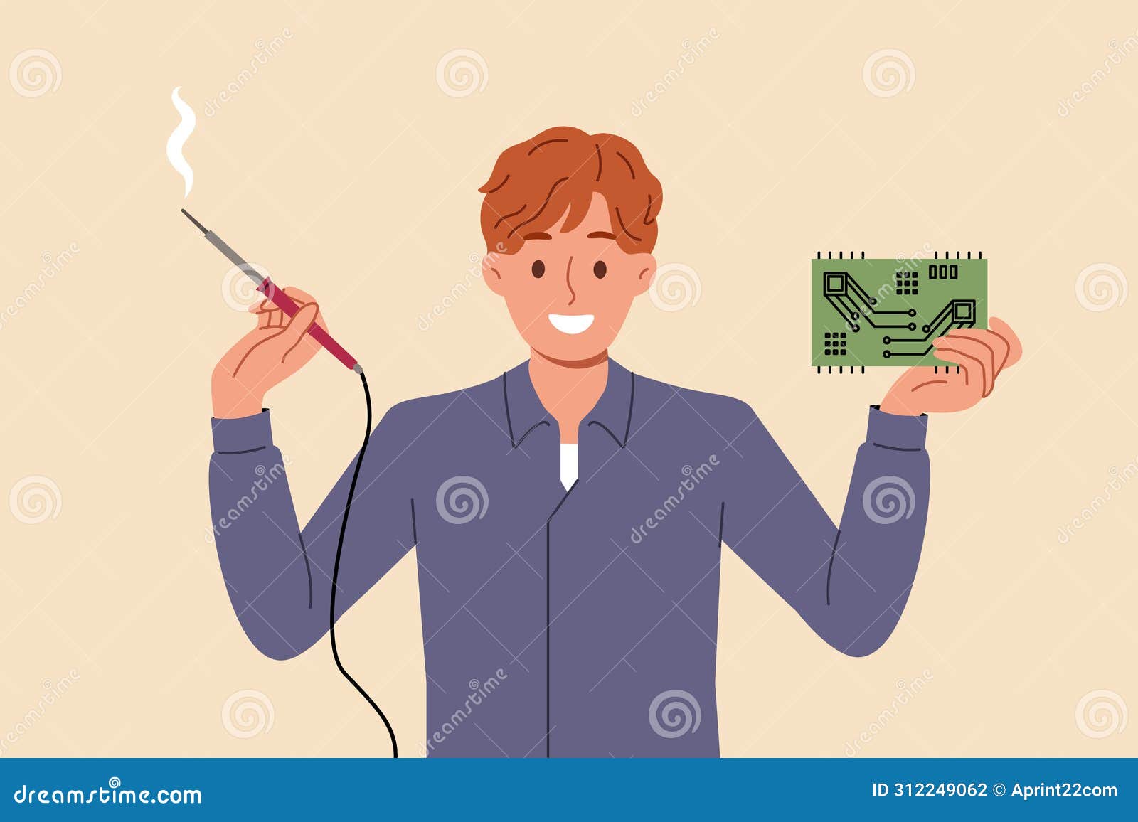 Man Engineer with Electronic Circuit and Power Tool in Hands Rejoices ...