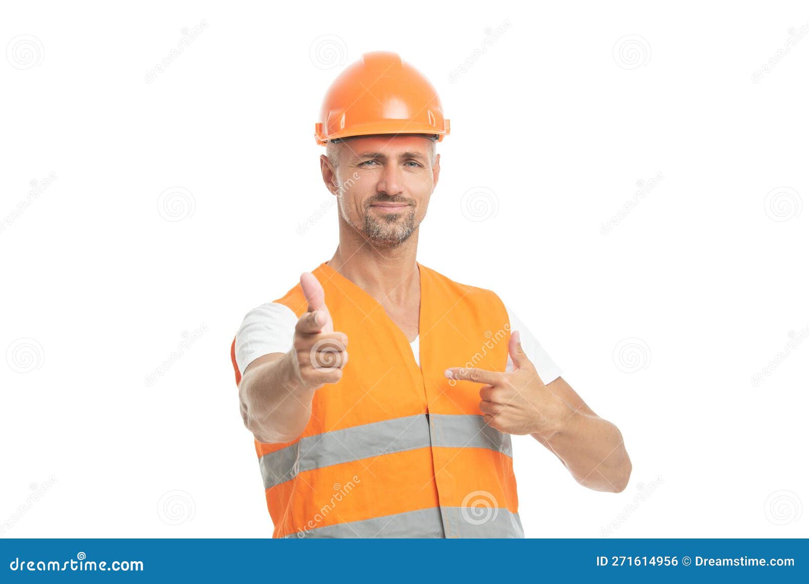 Man Engineer Pointing Finger Isolated on White. Man Engineer in White ...
