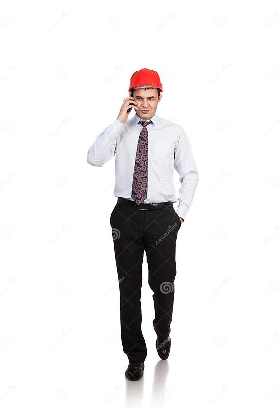 Man Engineer in a Red Helmet Talking on the Phone Stock Image - Image ...
