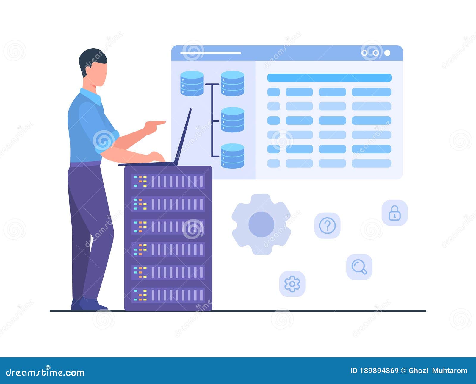 Man Engineer Stand Work on Laptop Maintenance Database Server Service ...