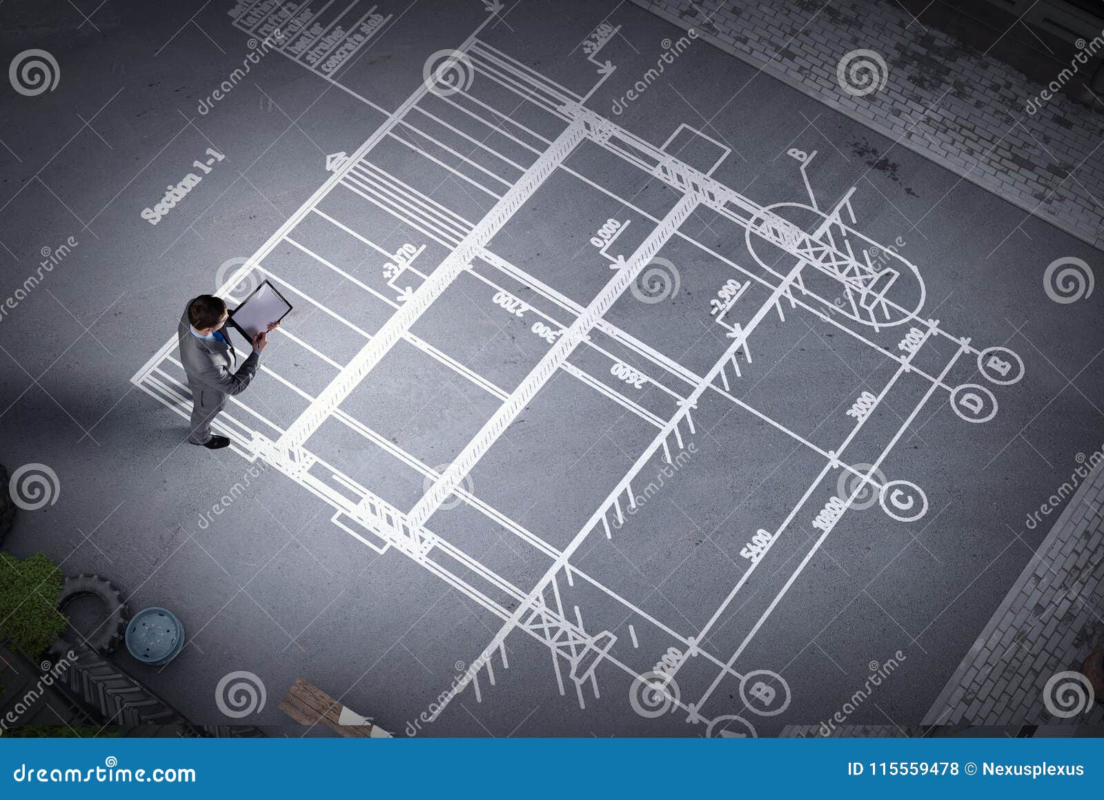 Man Engineer Thinking Over His Plan. Mixed Media Stock Photo - Image of ...