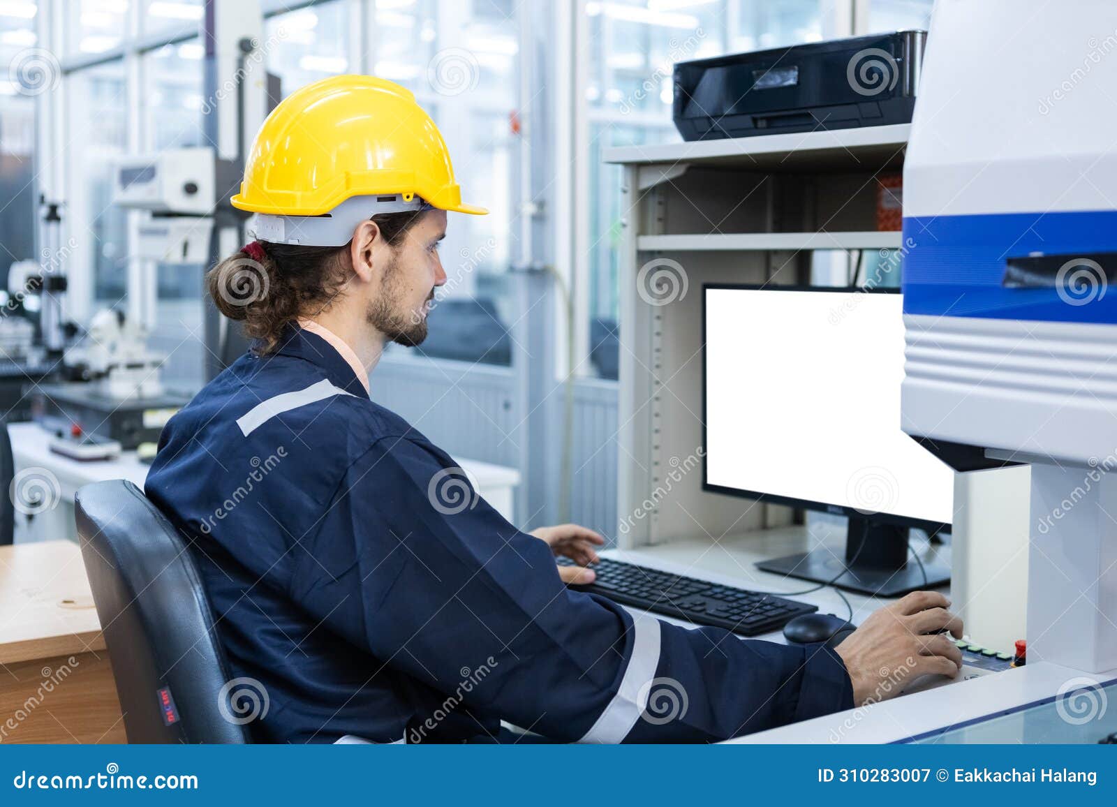 Man Engineer Using Computer Blank White Screen Controlling Cnc Machine ...