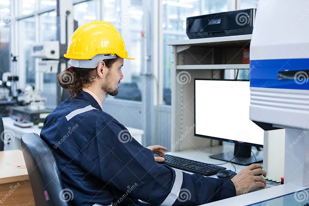 Man Engineer Using Computer Blank White Screen Controlling Cnc Machine ...