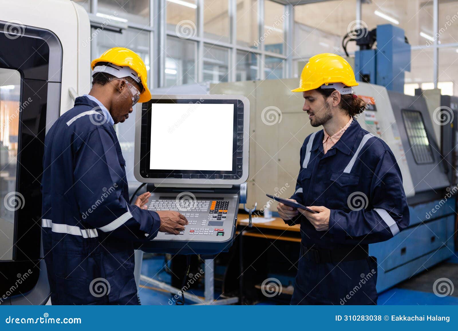 Man Engineer Using Computer Blank White Screen Controlling Cnc Machine At Workshop Male Control
