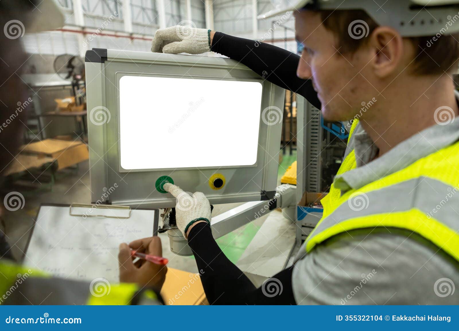 Man Engineer Using Computer Blank White Screen Controlling Machine at ...
