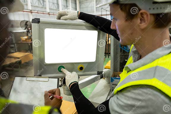 Man Engineer Using Computer Blank White Screen Controlling Machine at ...