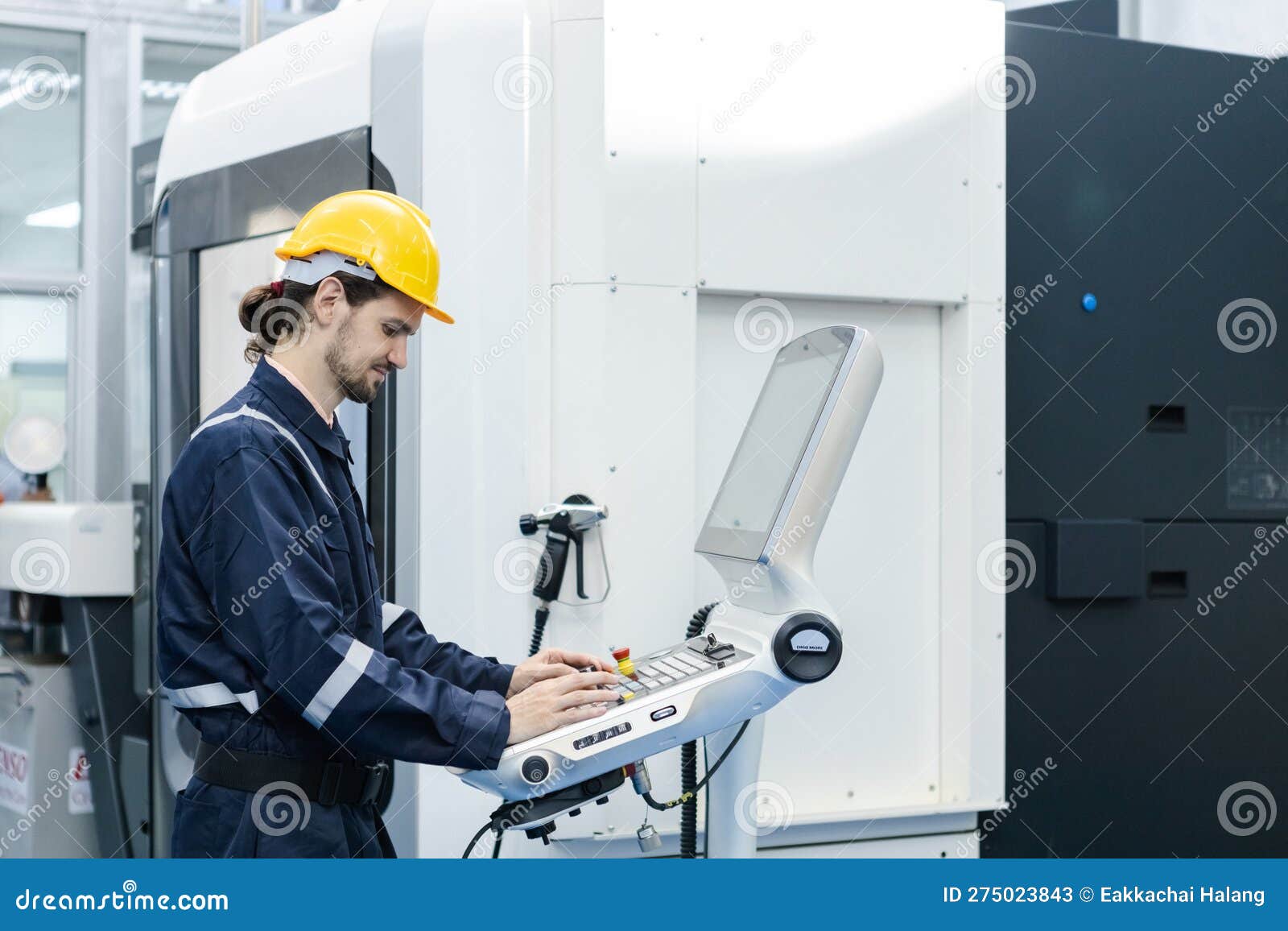 Man Engineer Using Computer Controlling Cnc Machine at Workshop ...