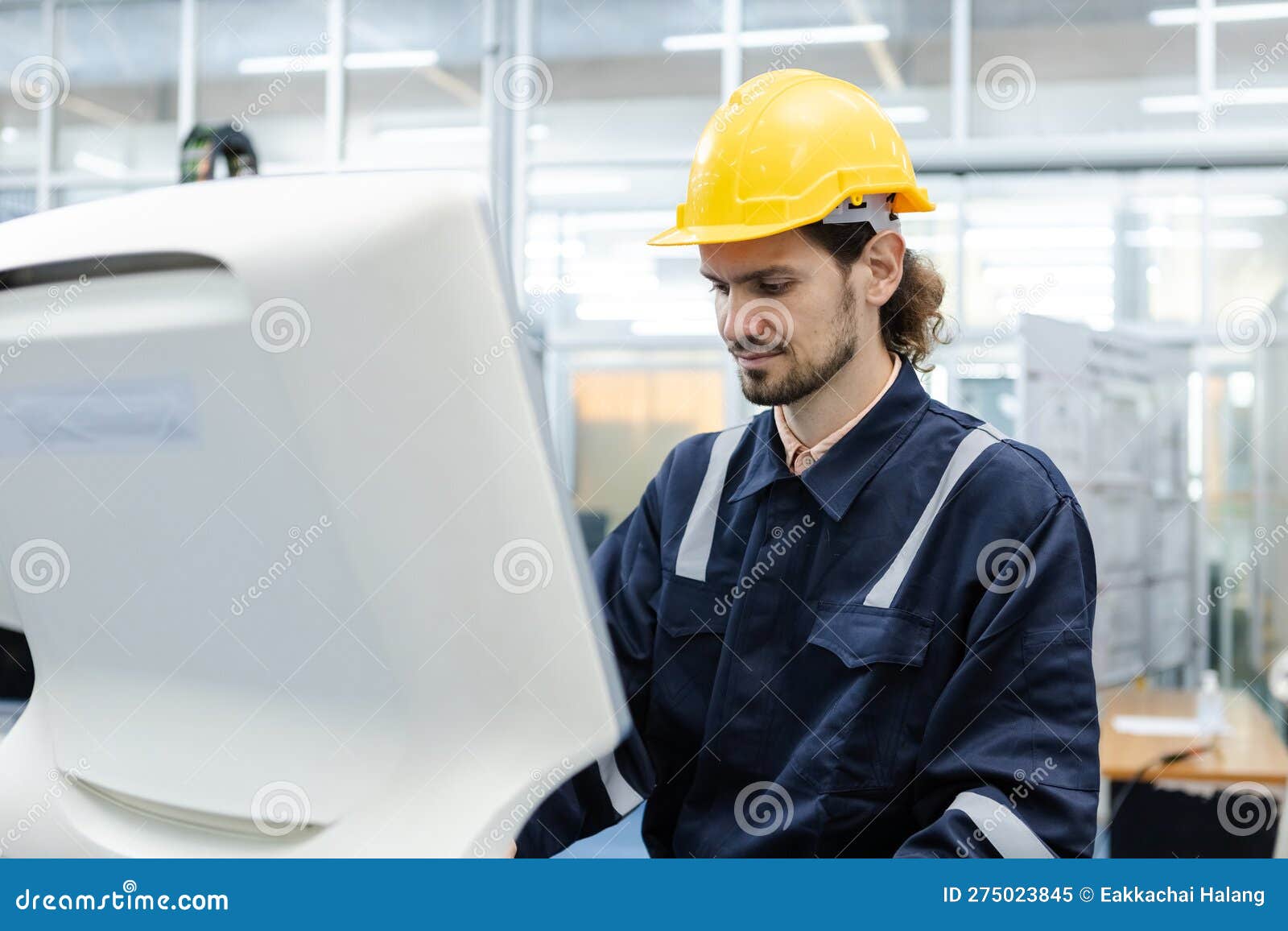 Man Engineer Using Computer Controlling Cnc Machine at Workshop ...