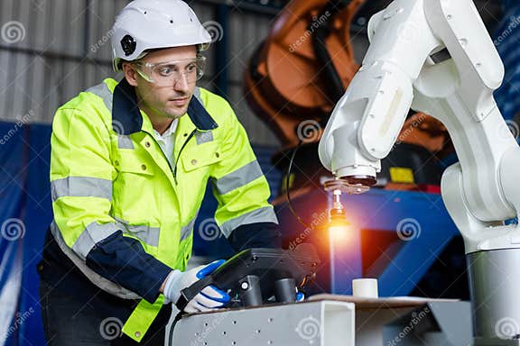 Man Engineer Using Remote Control Robot Arm Automate Robotic Automation In Line Production At