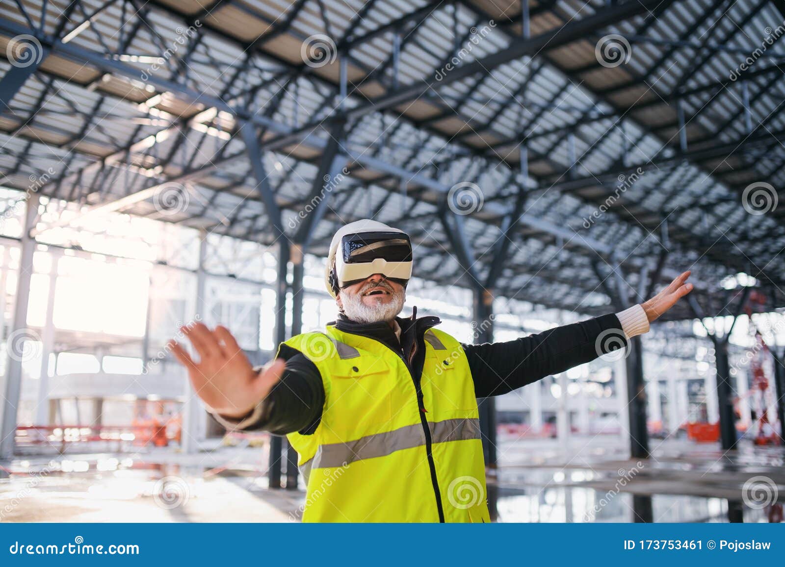 Man Engineer Using VR Goggles on Construction Site. Stock Image - Image ...
