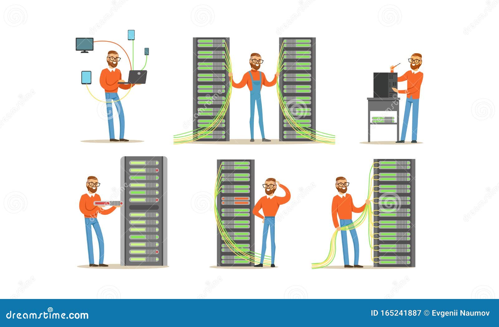 Man Engineer Working in Server Room. Digital Computer Center and Data ...