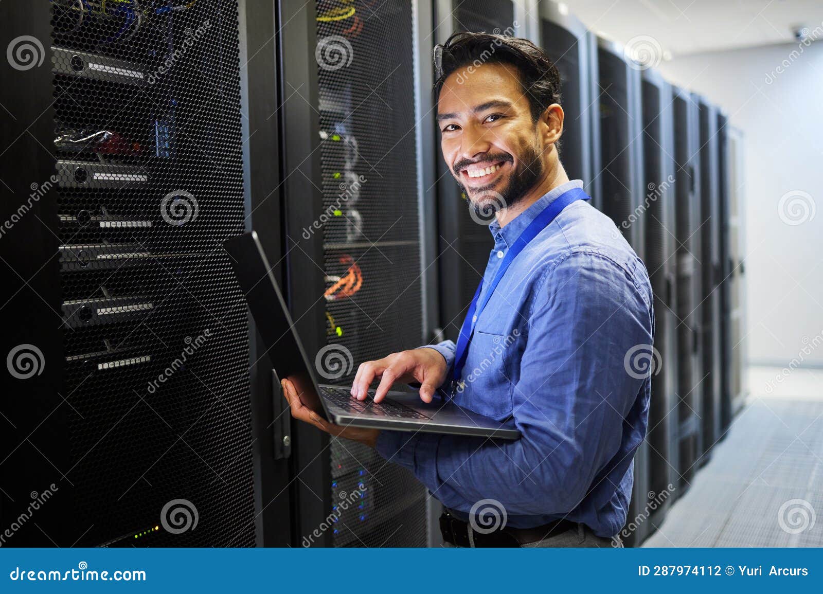 Man, Engineering Computer and Server Room, Data Center and Portrait for ...