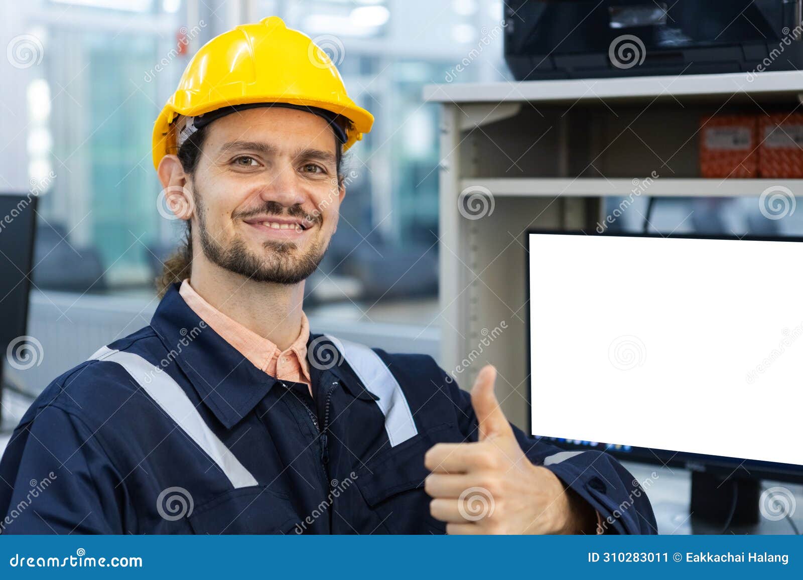 Man Engineering Smiling Thumb Up with Computer White Screen. Cnc ...