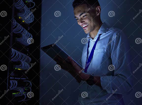 Man, Engineering and Tablet in Data Center or Server Room Inspection ...