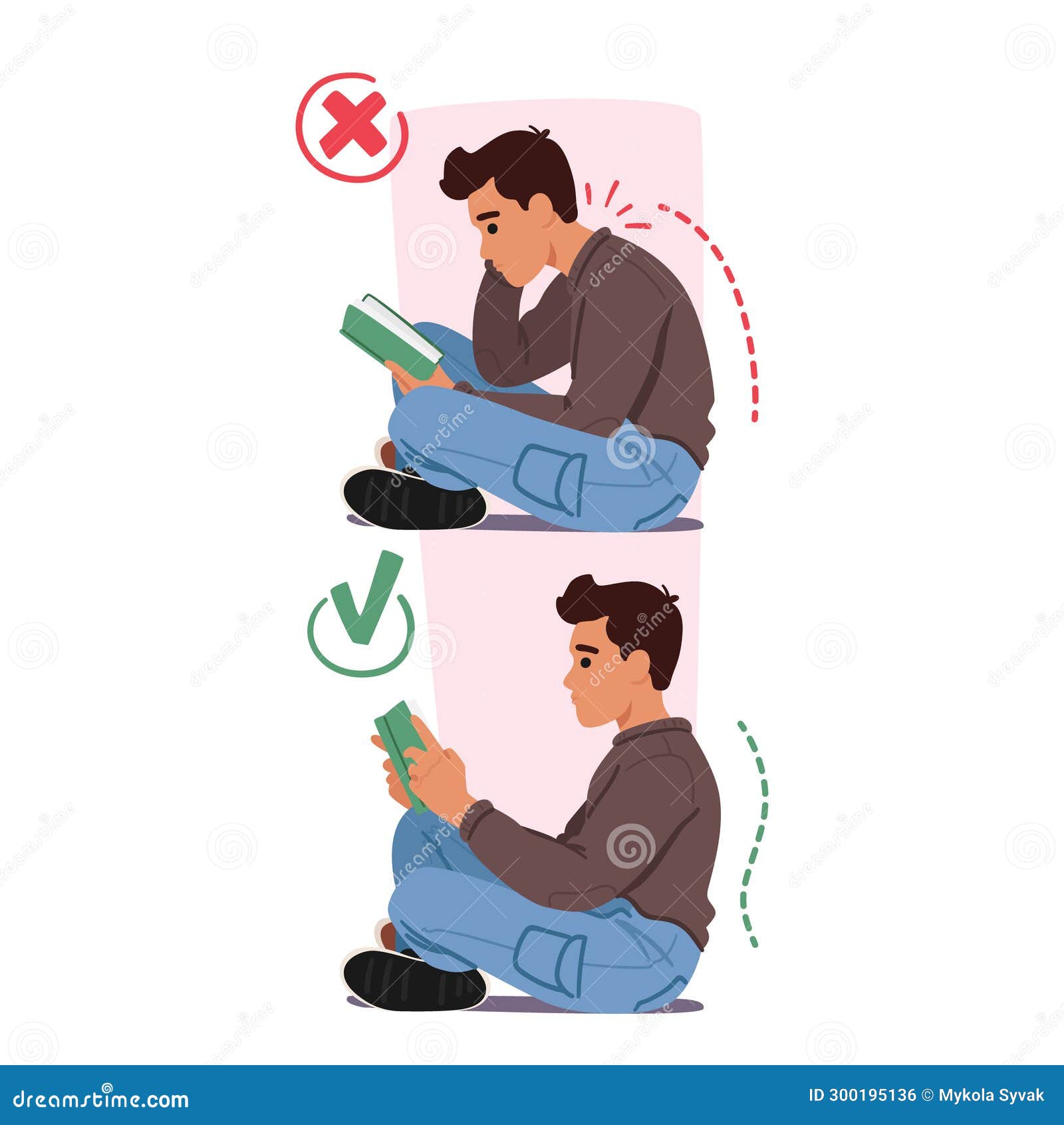 Man Engrossed in a Book Sits on Floor with Proper and Improper Body ...