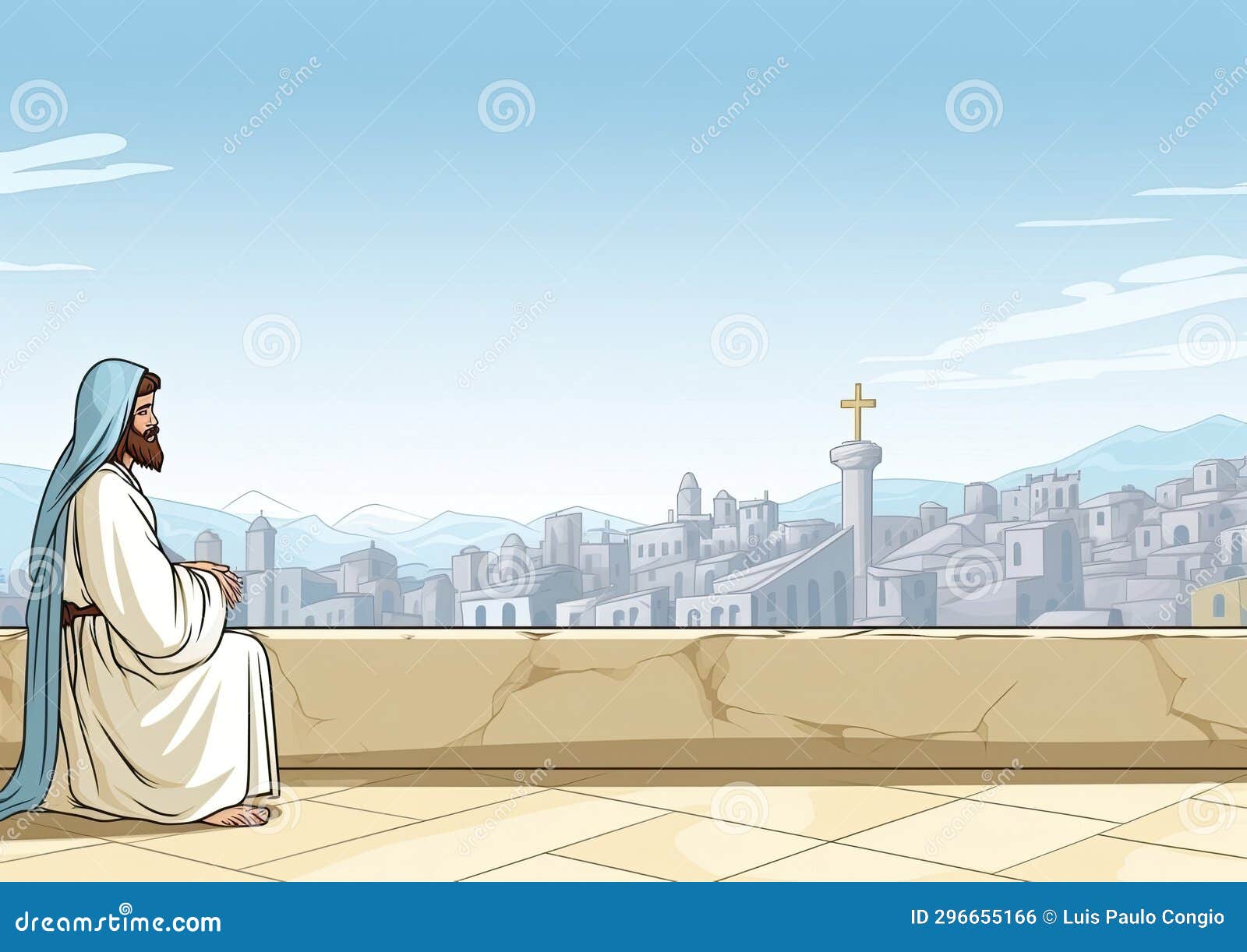 A Man Enjoying the Cityscape from a Rooftop Ledge Stock Illustration ...
