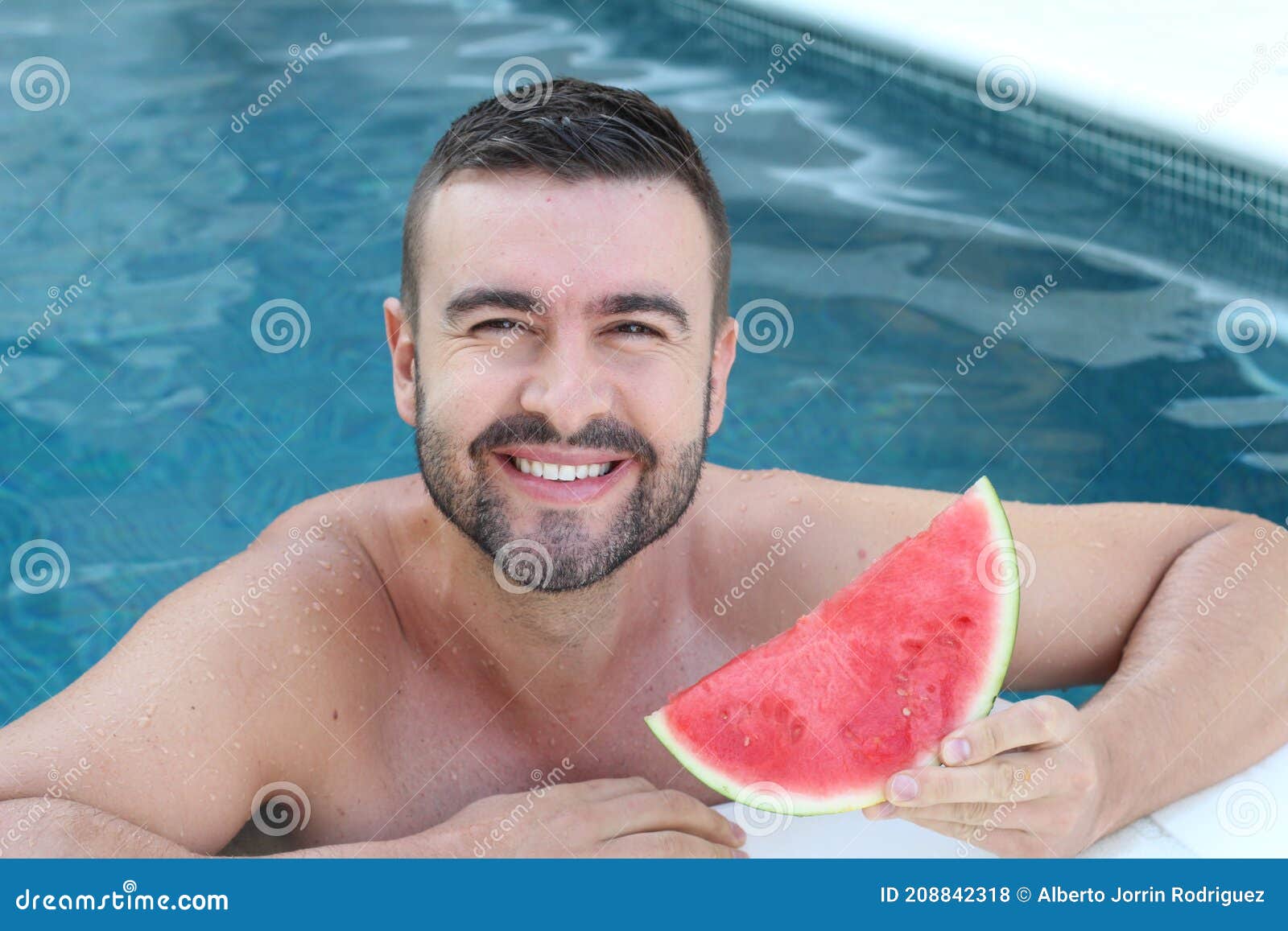Man Enjoying Healthy Fruit in Swimming Pool Stock Photo - Image of hand ...
