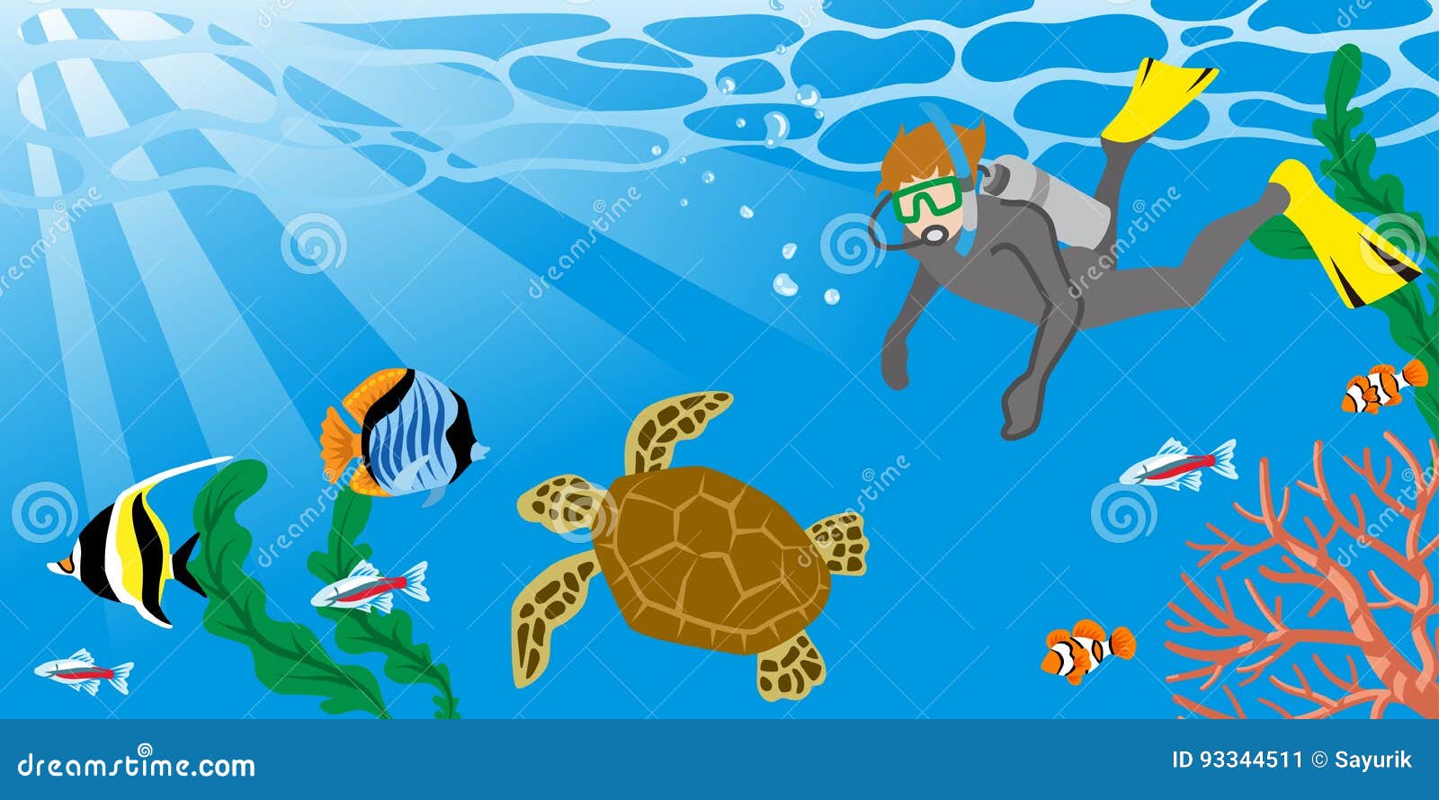 Man Enjoying Scuba Diving with the Sea Turtle Stock Vector ...