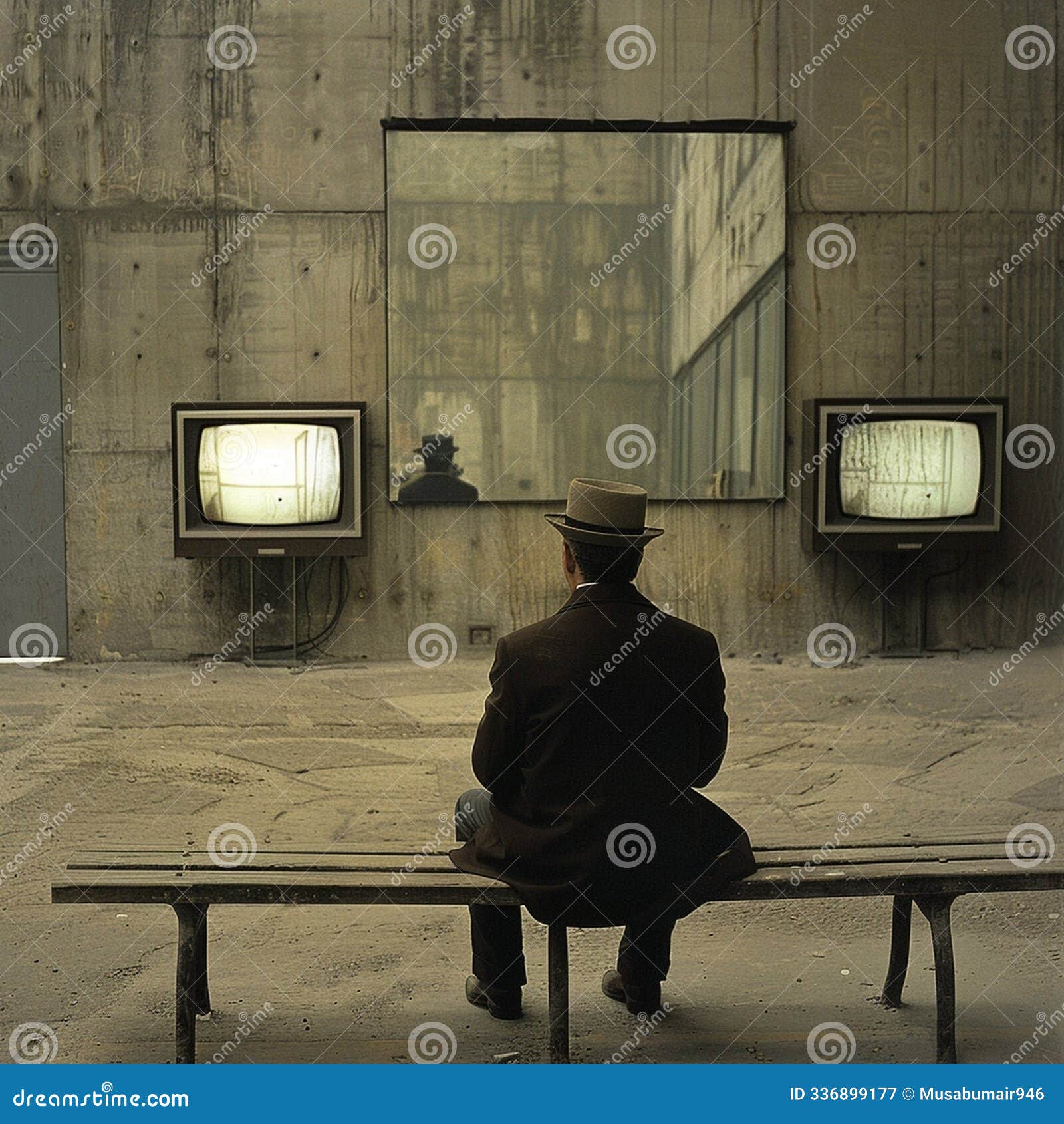 Man Enjoys TV and Self-reflection on a Bench Stock Image - Image of ...