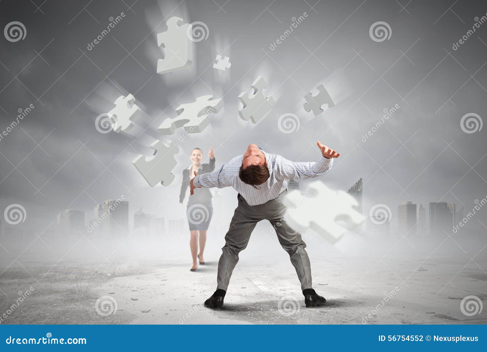 Man evading flying puzzle stock photo. Image of funny - 56754552