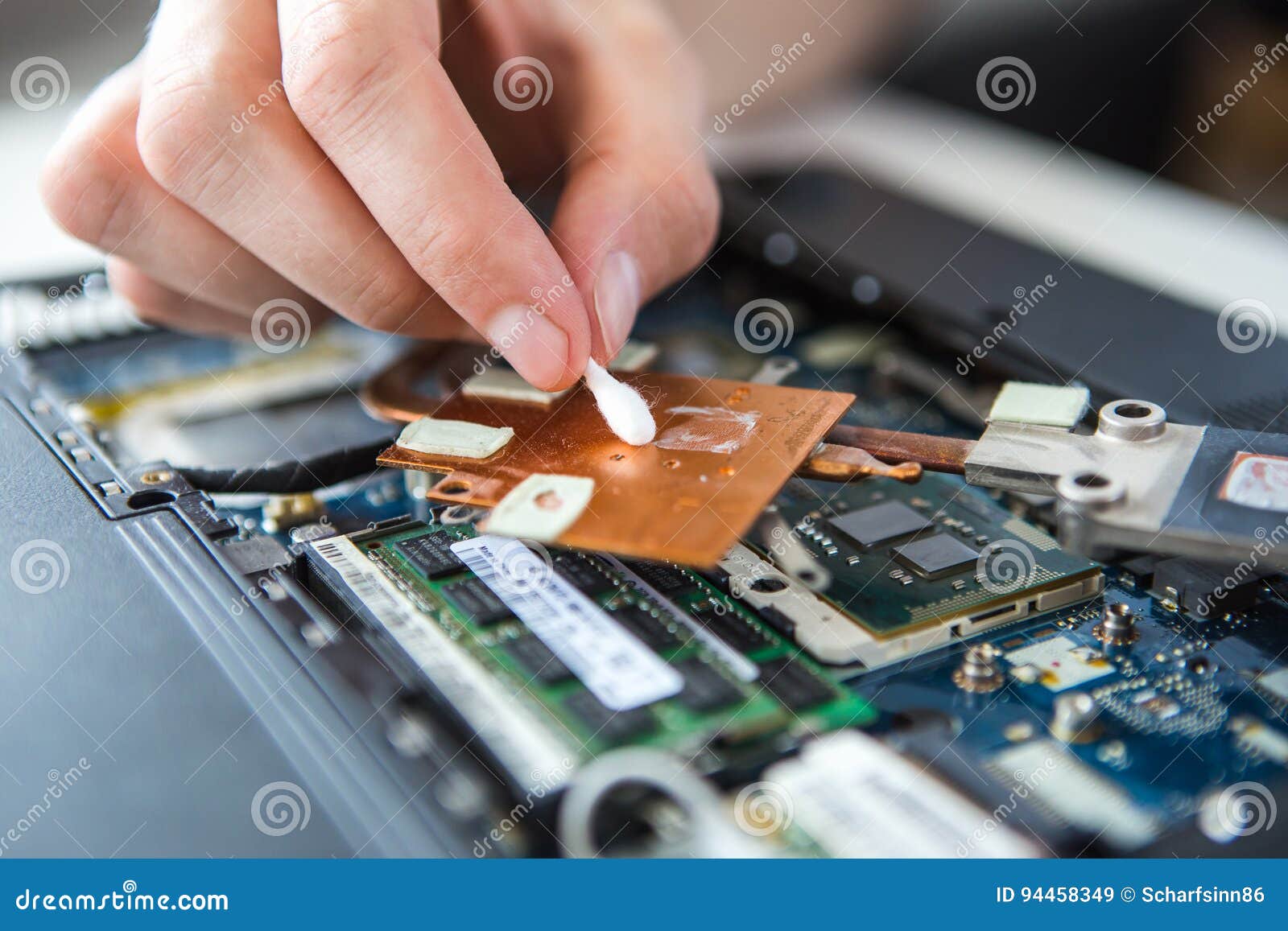 Man Examines Laptop PC Clean Thermal Paste Stock Image - Image of board ...