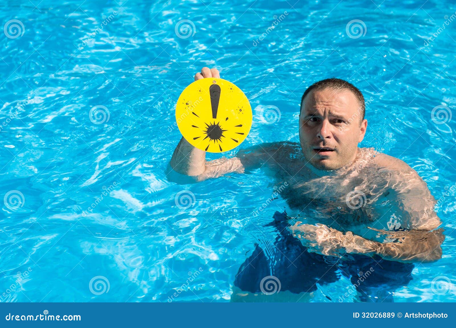 Man with an Exclamation Mark in the Pool Stock Image - Image of hold ...