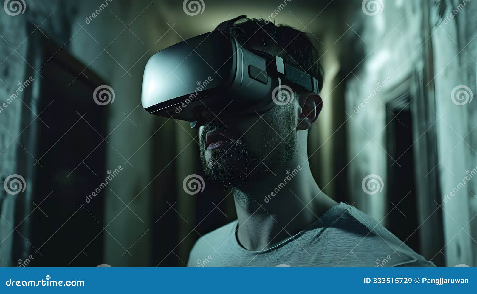 A Man Experiences Virtual Reality in a Dark, Eerie Hallway, Showcasing ...