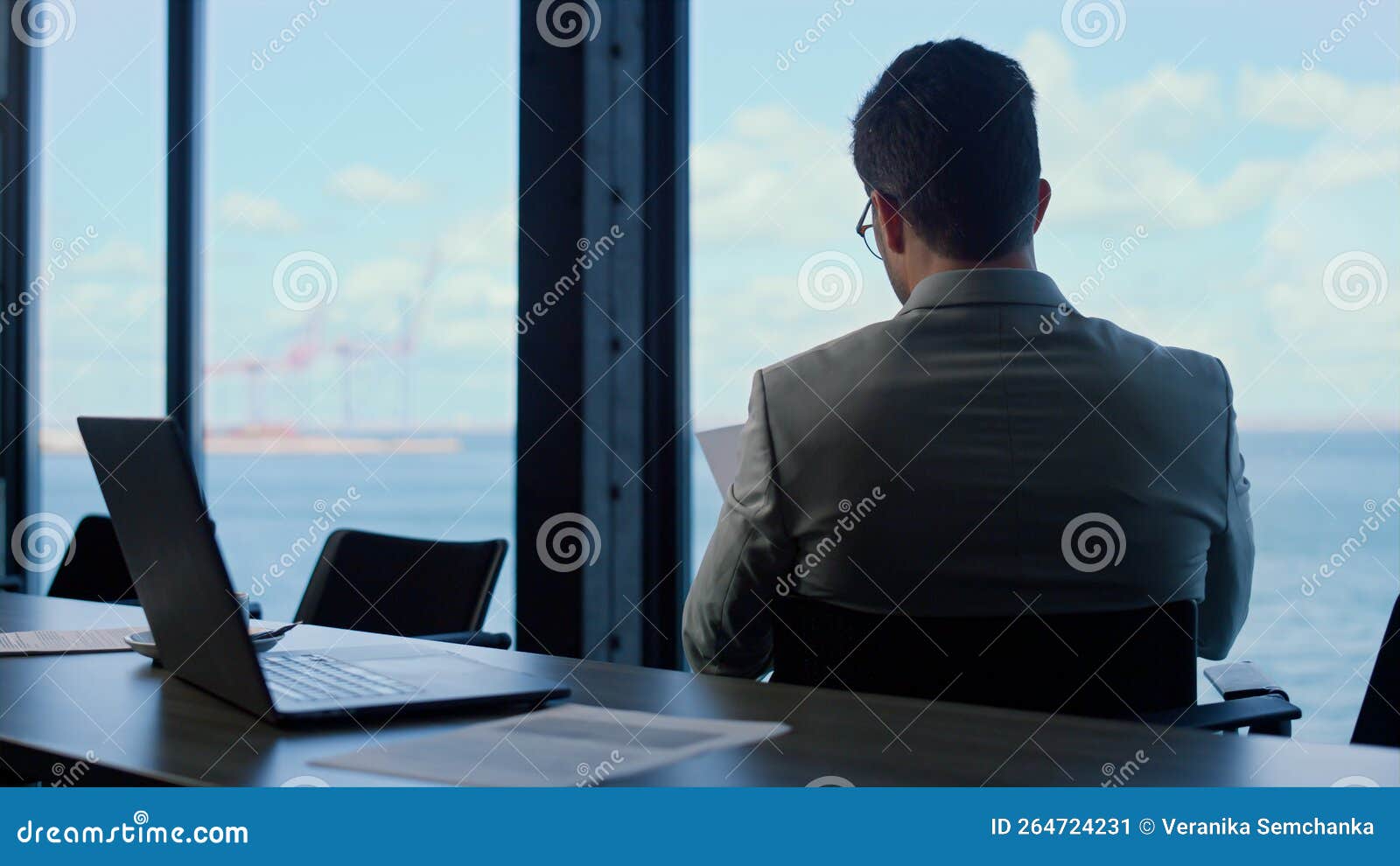 Man Expert Reading Documents at Marina View. Unknown Manager Checking ...