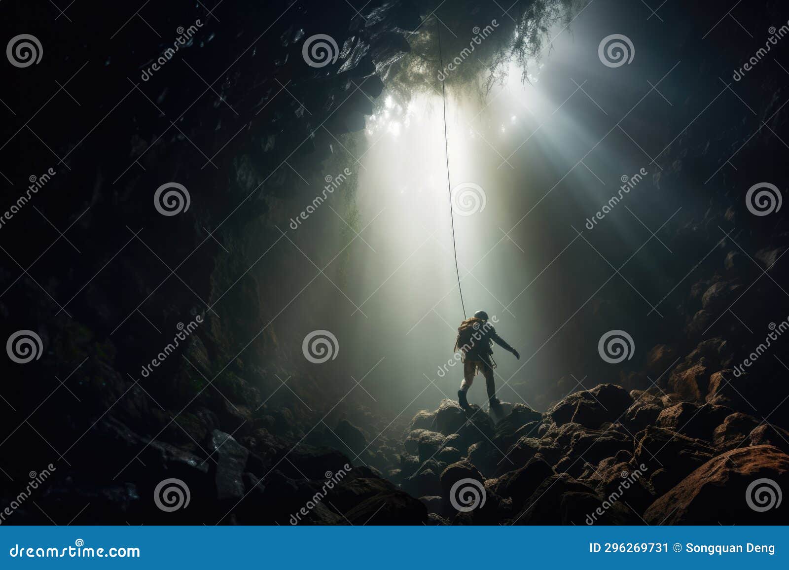 A Man Explore a Deep Cave with Light Ray from Above. Outdoor Adventure ...