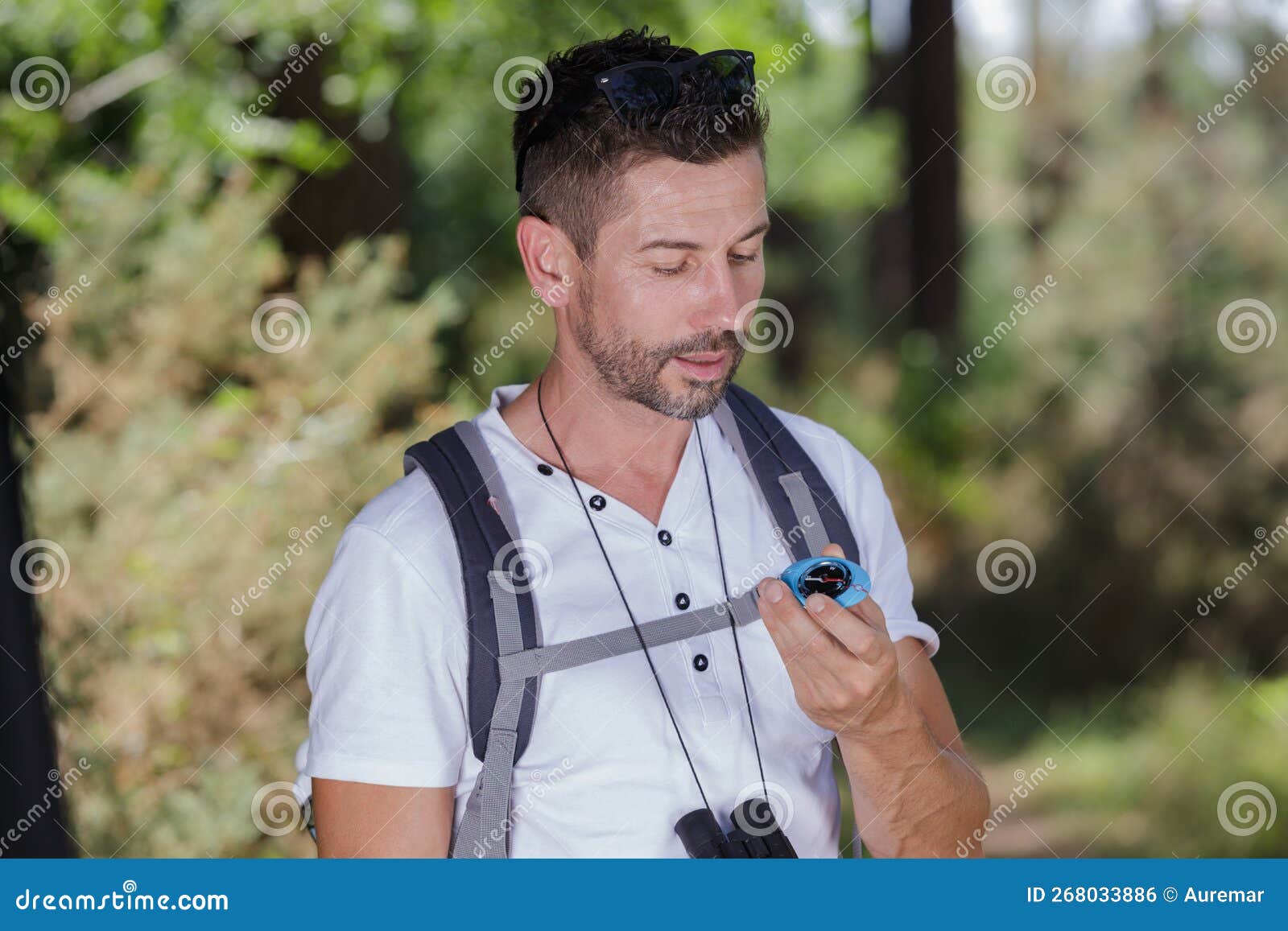 Man Explorer Searching Direction with Compass in Summer Stock Photo ...