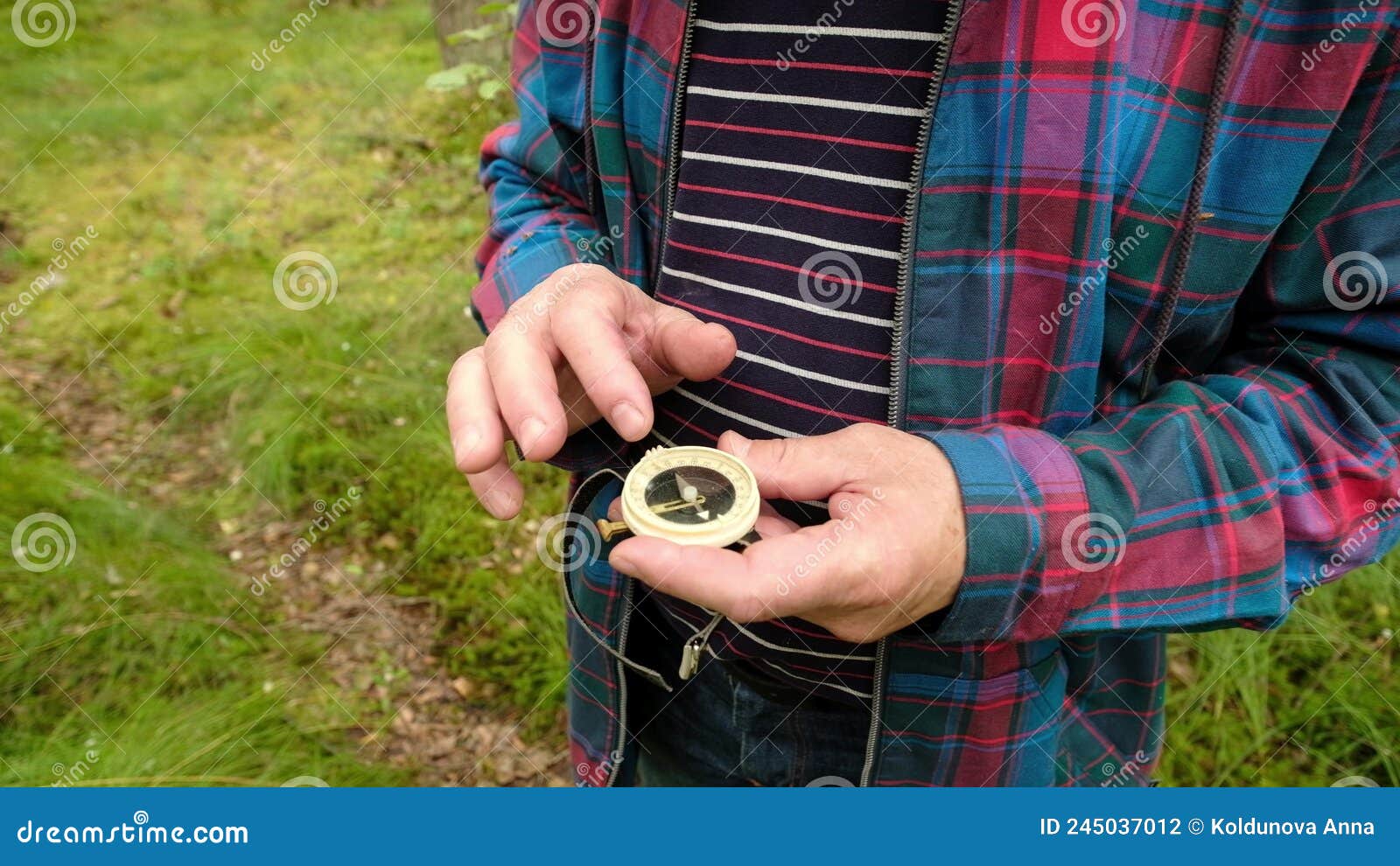 Man Explorer Searching Direction with Compass in Summer Forest Stock ...