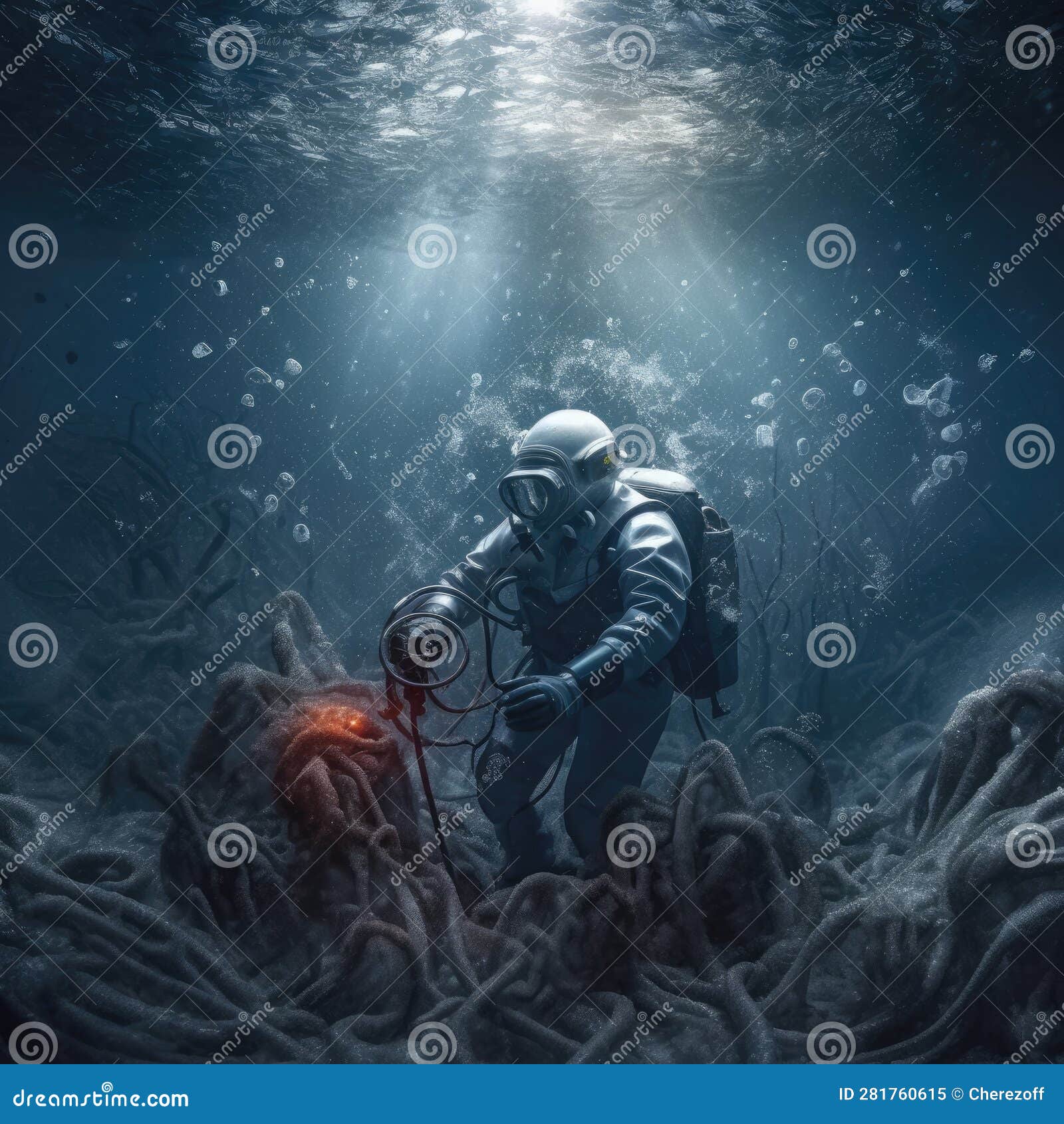 Man Explores the Depths of the Ocean Stock Illustration - Illustration ...