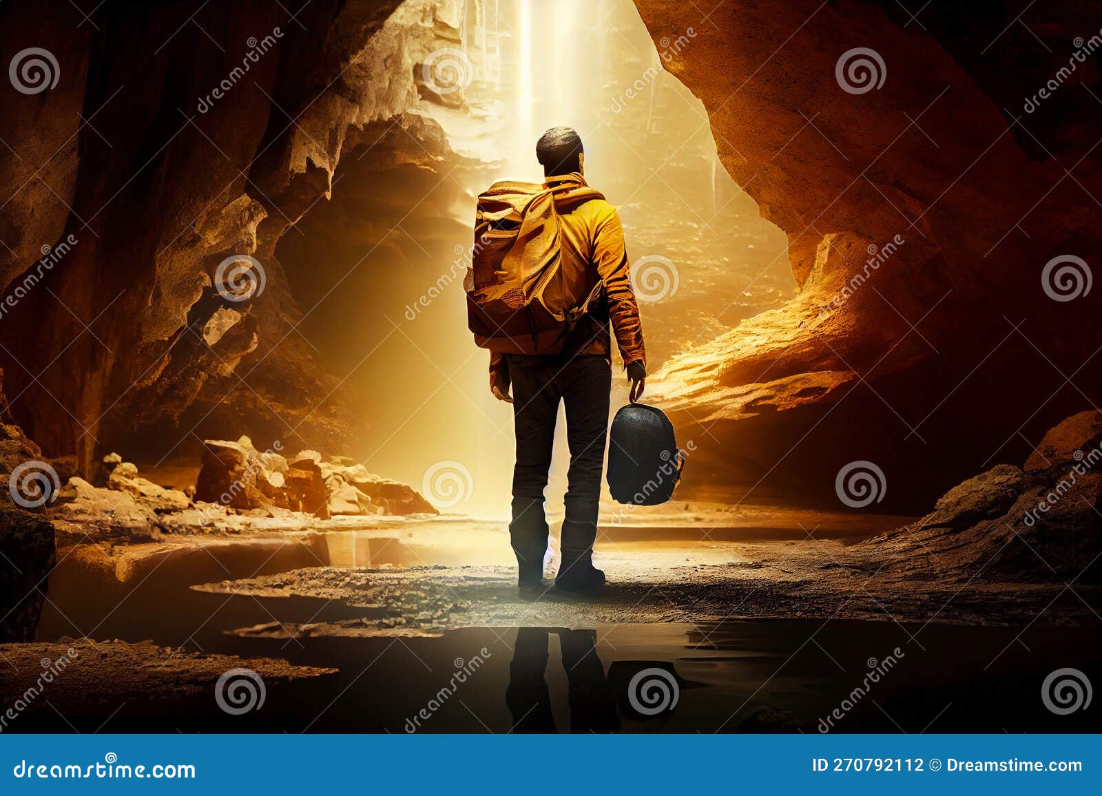 Man Exploring the Cave Deep Under Earth. Generative AI Stock ...