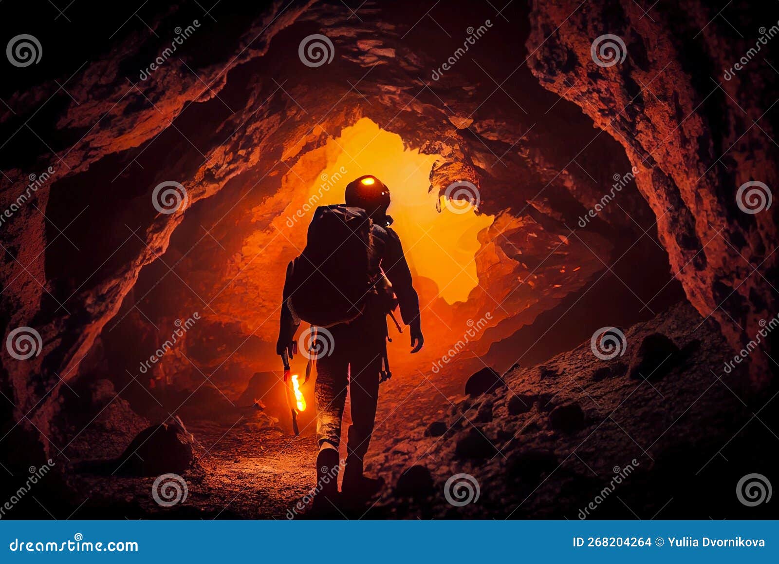 Man Exploring the Cave Deep Under Earth. Generative AI Stock ...