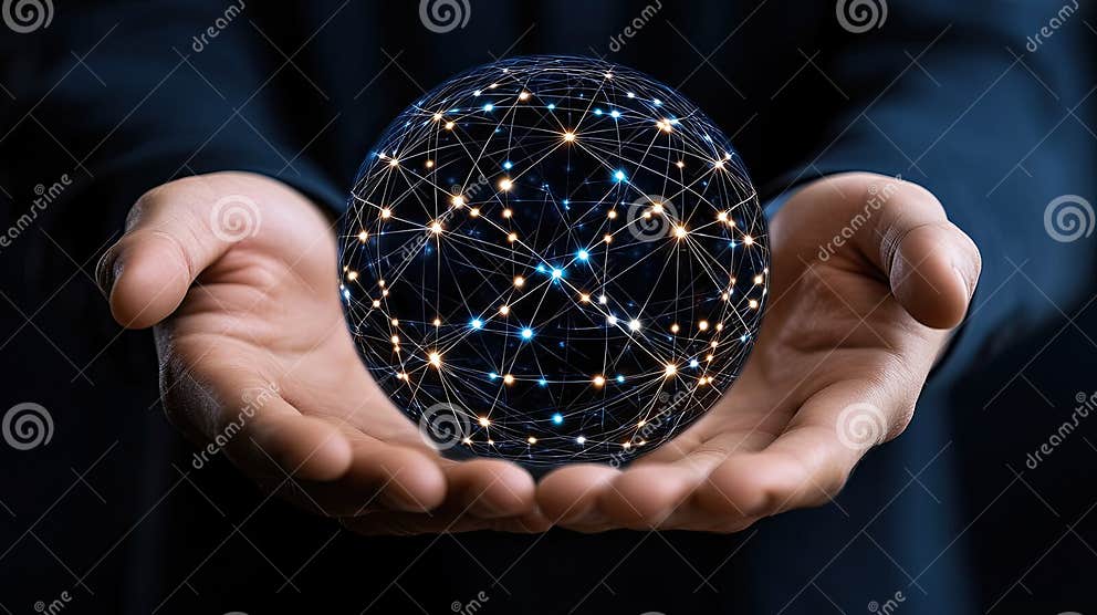A Man Extends His Hands Forward, Displaying a Digital Sphere Made of ...