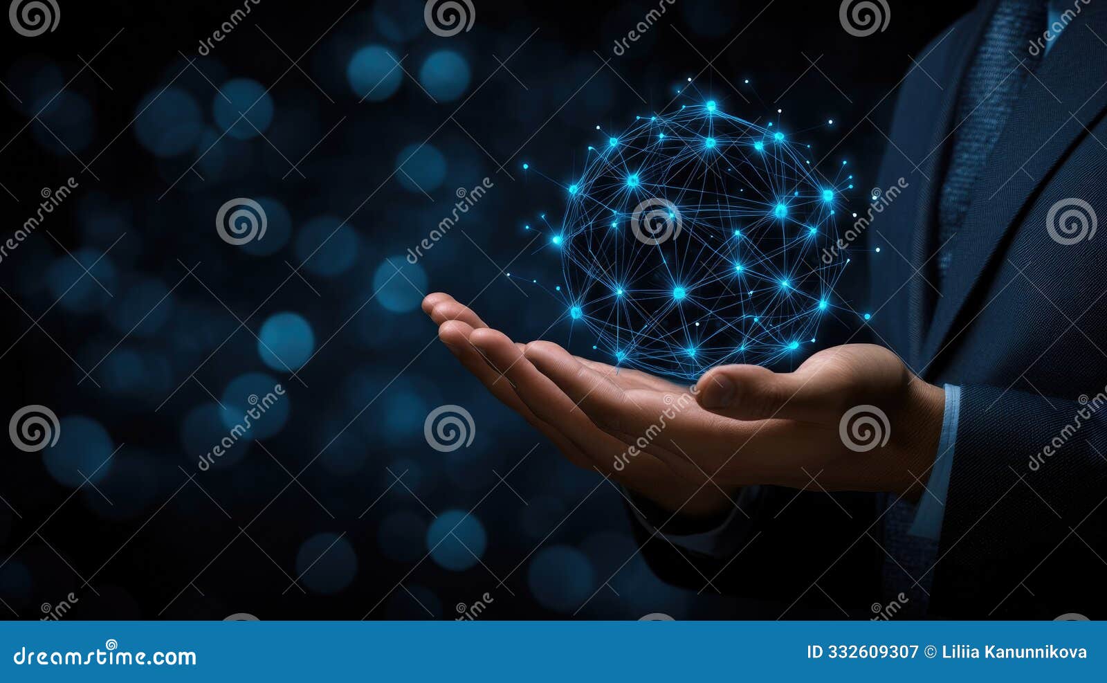 A Man Extends His Hands Forward, Displaying A Digital Sphere Made Of ...