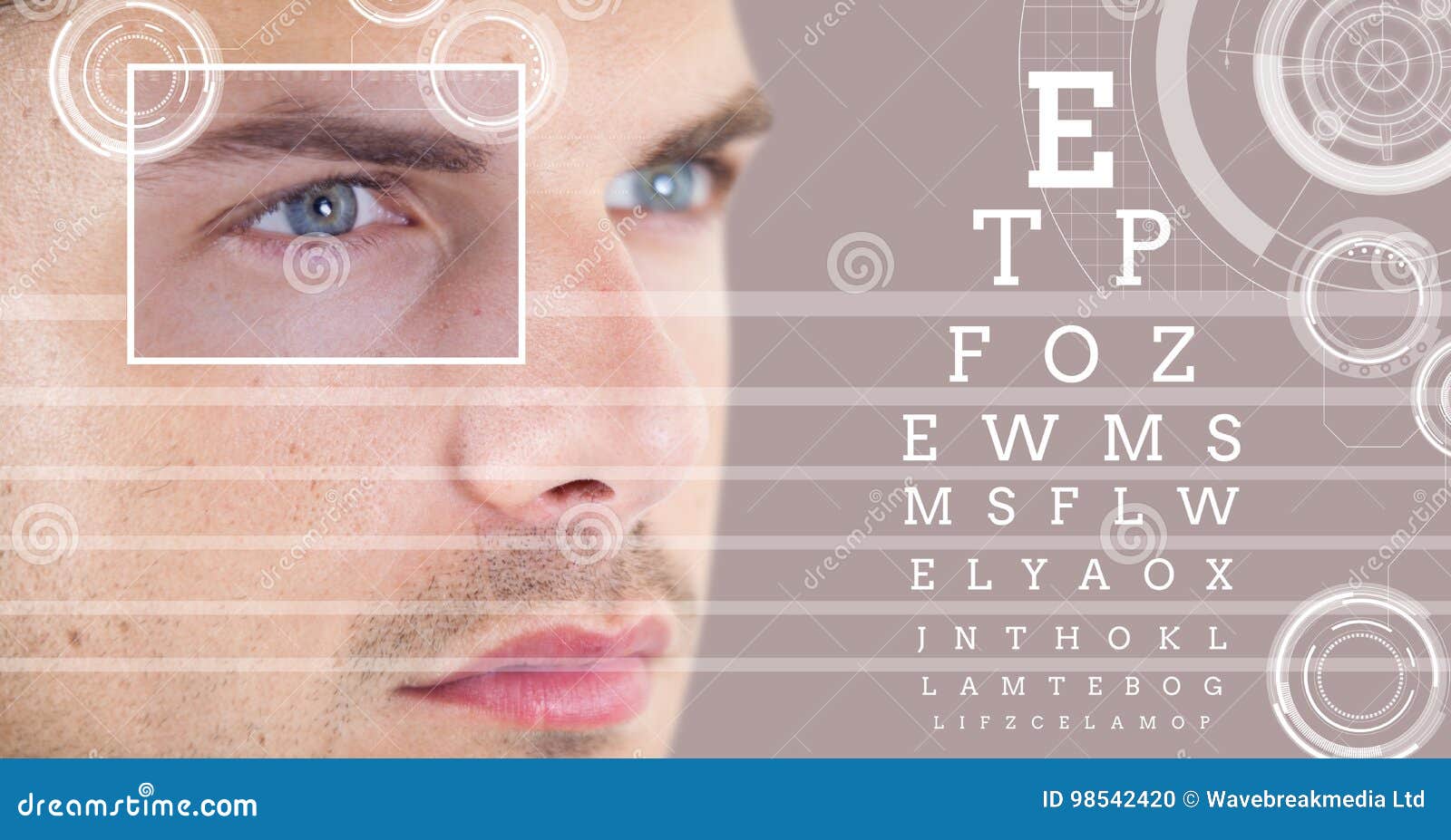 Man with Eye Focus Box Detail and Lines and Eye Test Interface Stock ...
