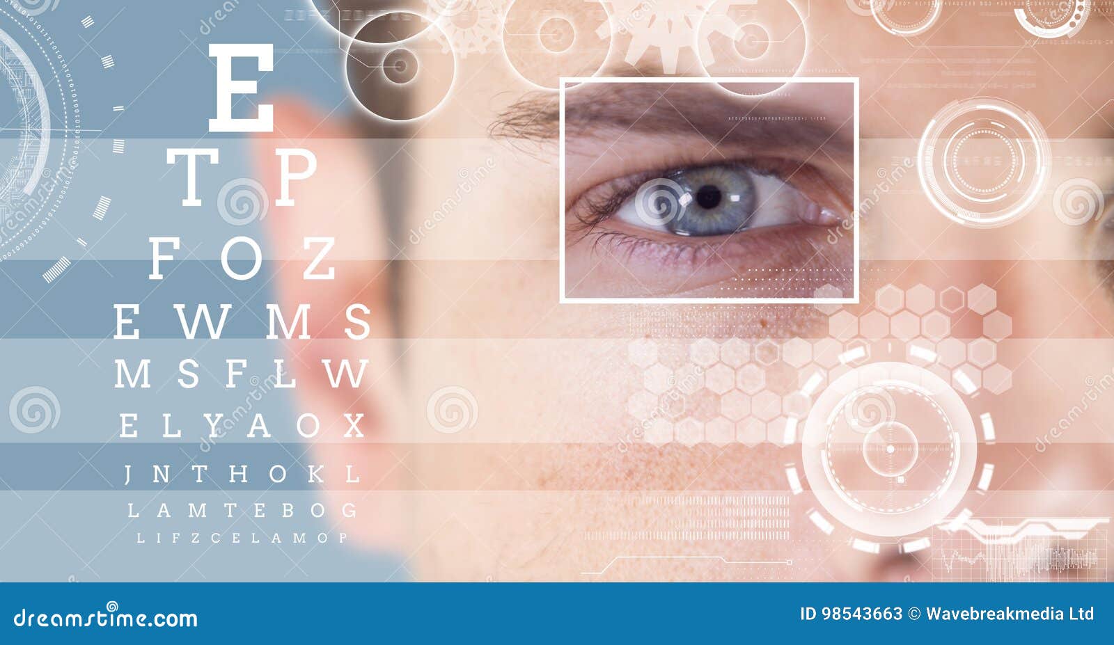 Man with Eye Focus Box Detail and Lines and Eye Test Interface Stock ...