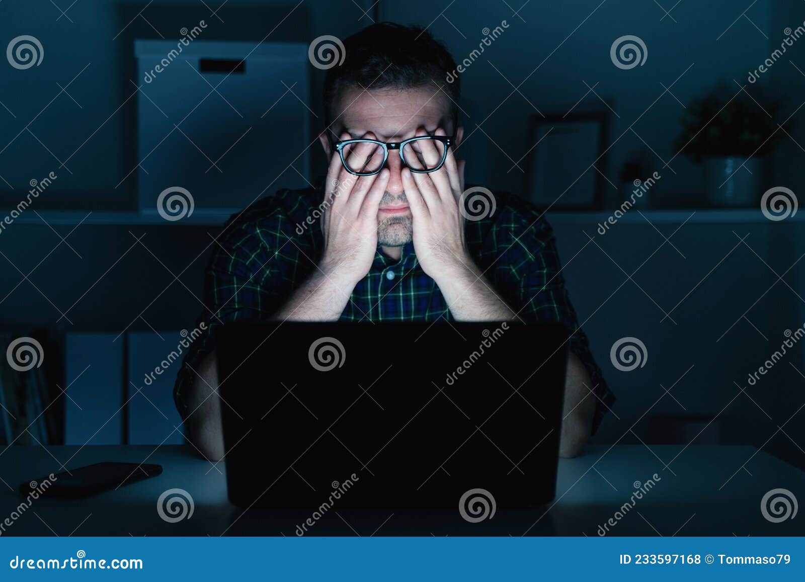Man with Eye Strain Computer Problem at Night Stock Photo - Image of ...