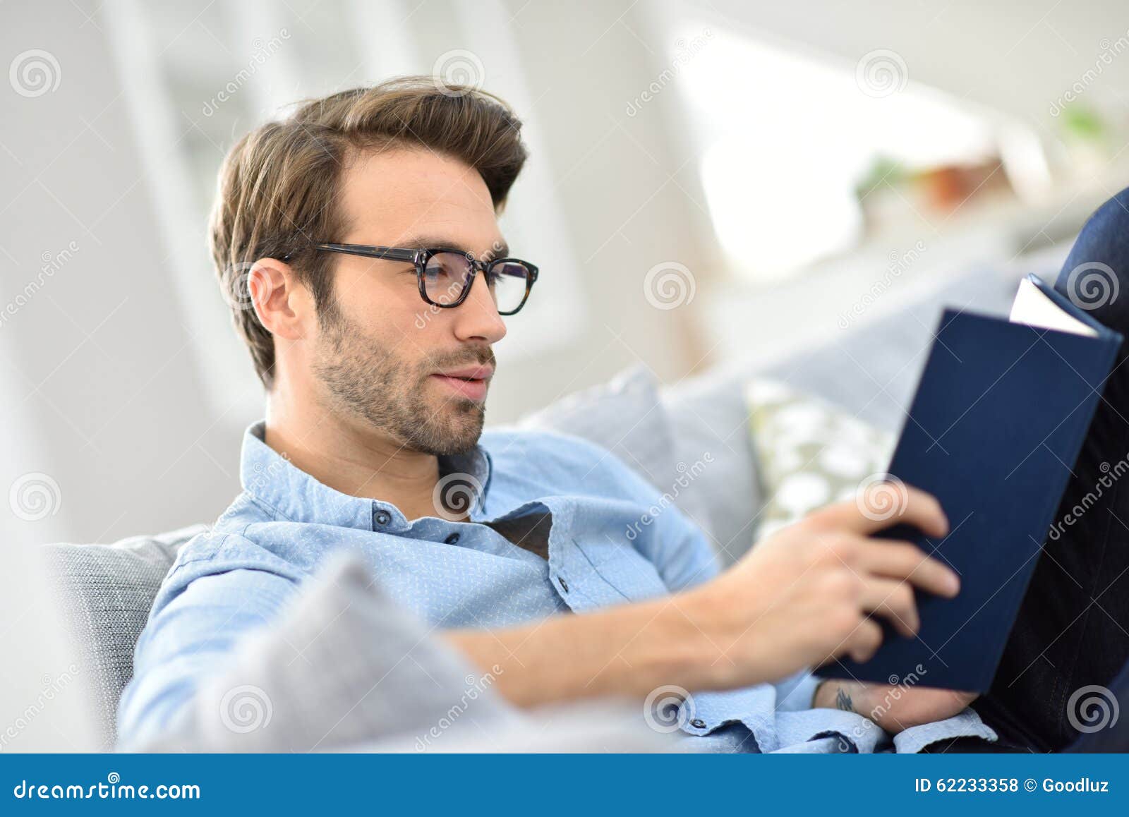 Man with Eyeglasses Reading Book Stock Photo - Image of caucasian ...