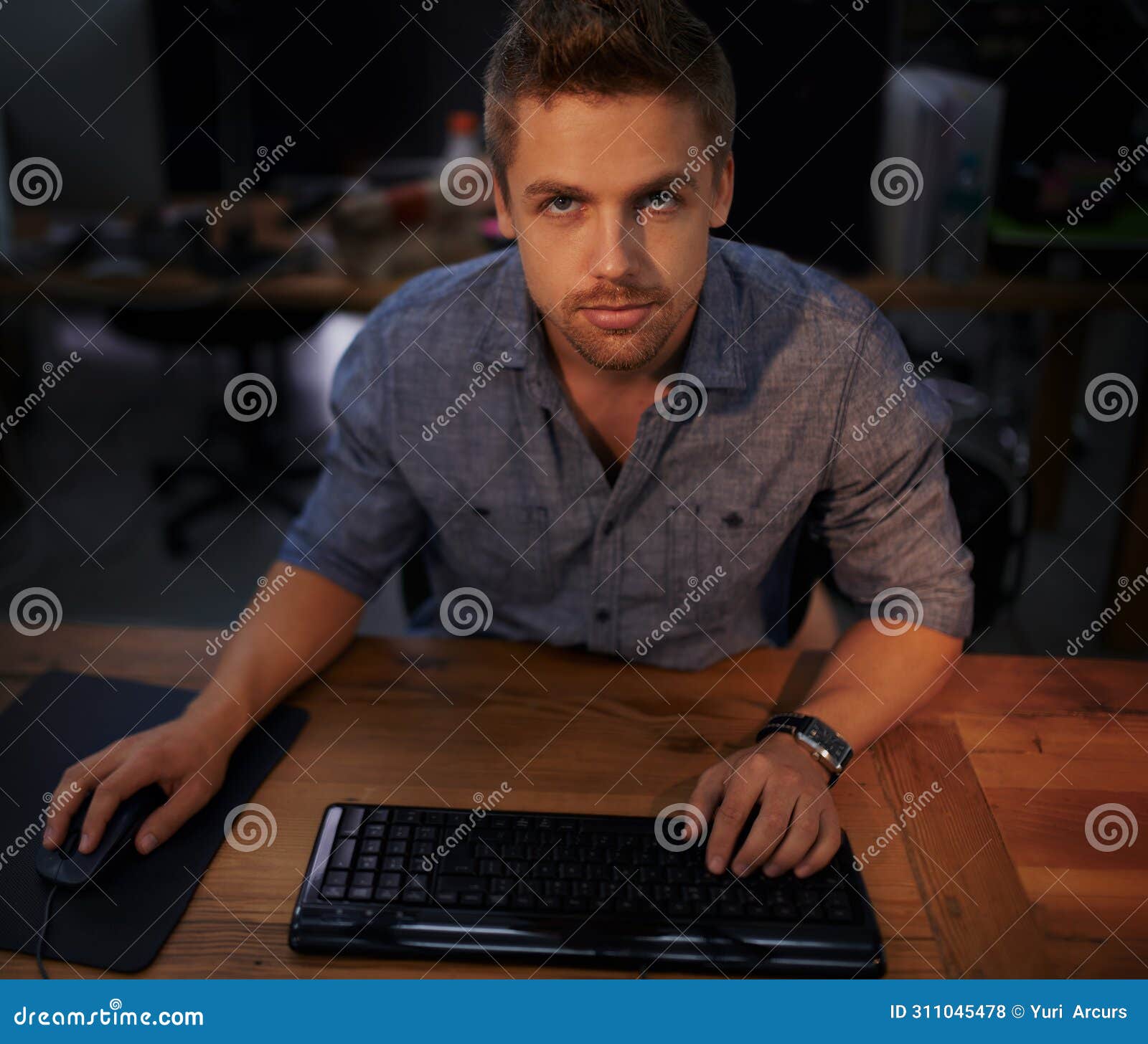 Man Face And Keyboard For Code Programmer And Information Technology With Video Game Or