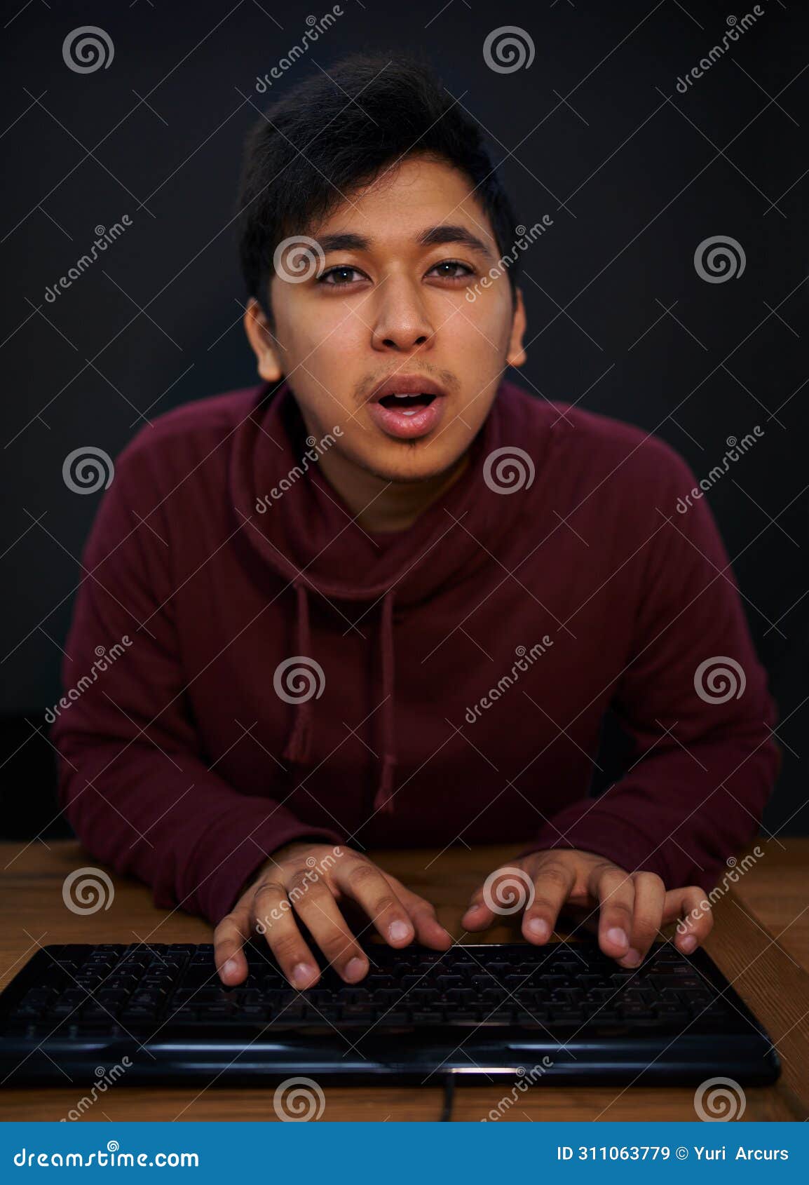 Man Face And Keyboard For Coding Programmer And Information