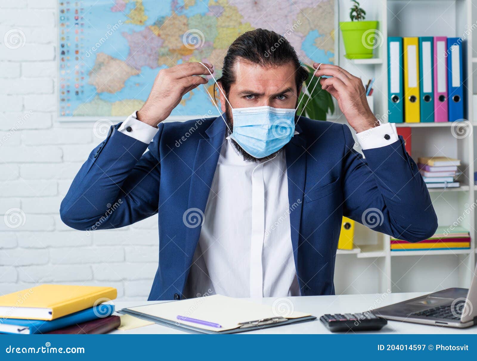 Man with Face Masks Back at Work or School in Office after Lockdown ...