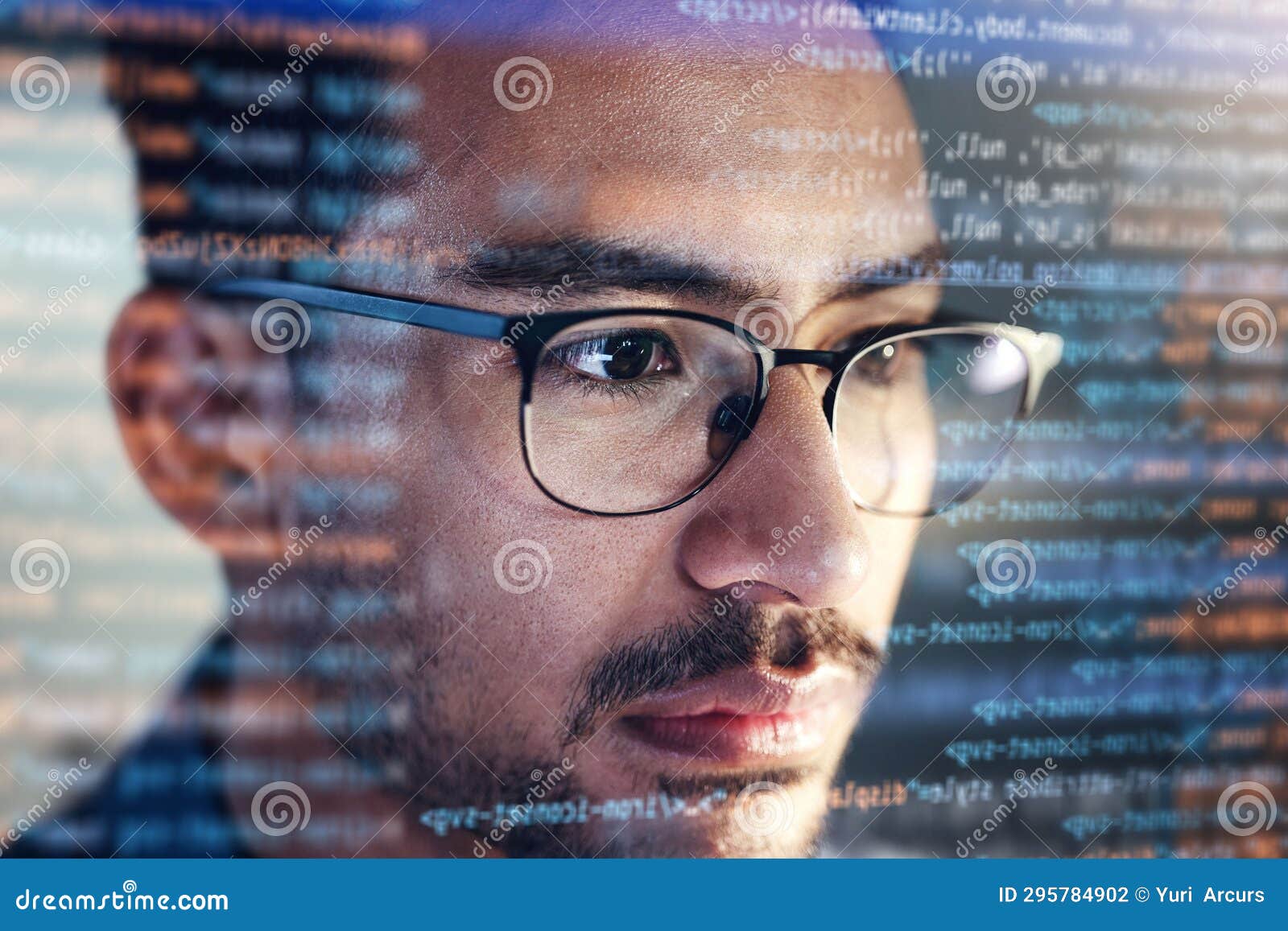Man Face And Programming At Night With Overlay Or Dashboard Of Code Malware Or Software At The